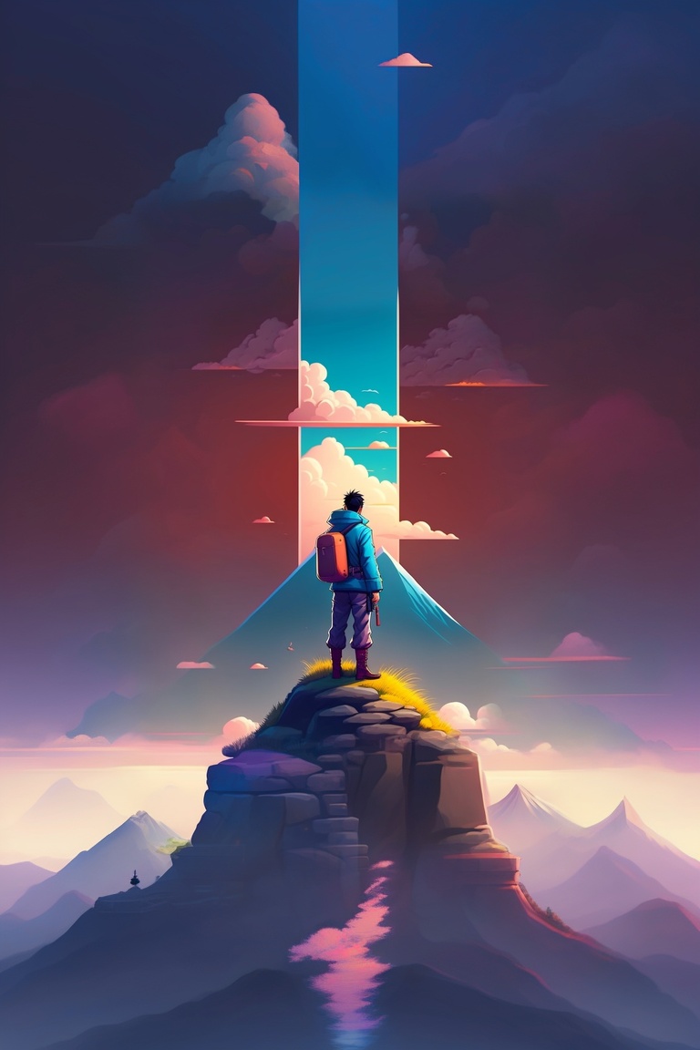 Lexica - 2d， japanese comic style, one man stand on the top of the hill