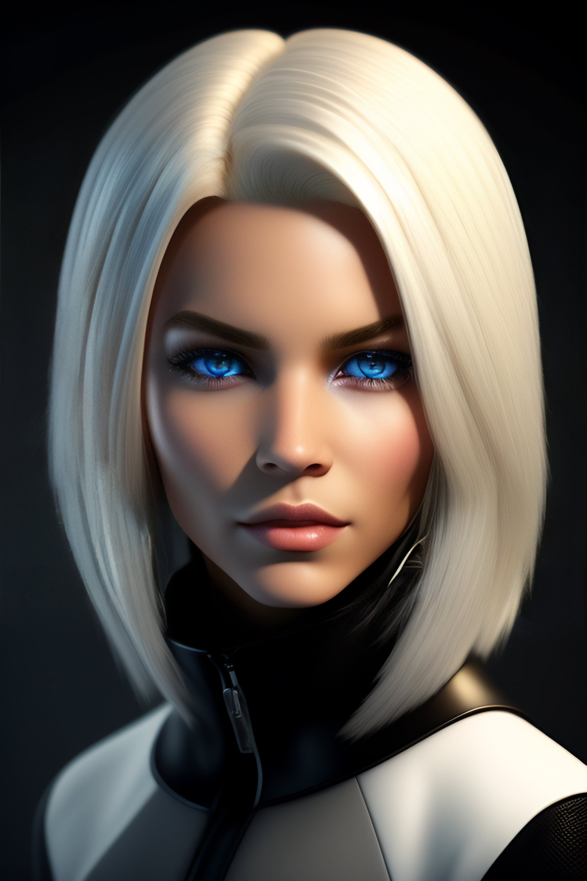 Lexica - Grey alien with black eyes, blonde mop hair, shark teeth