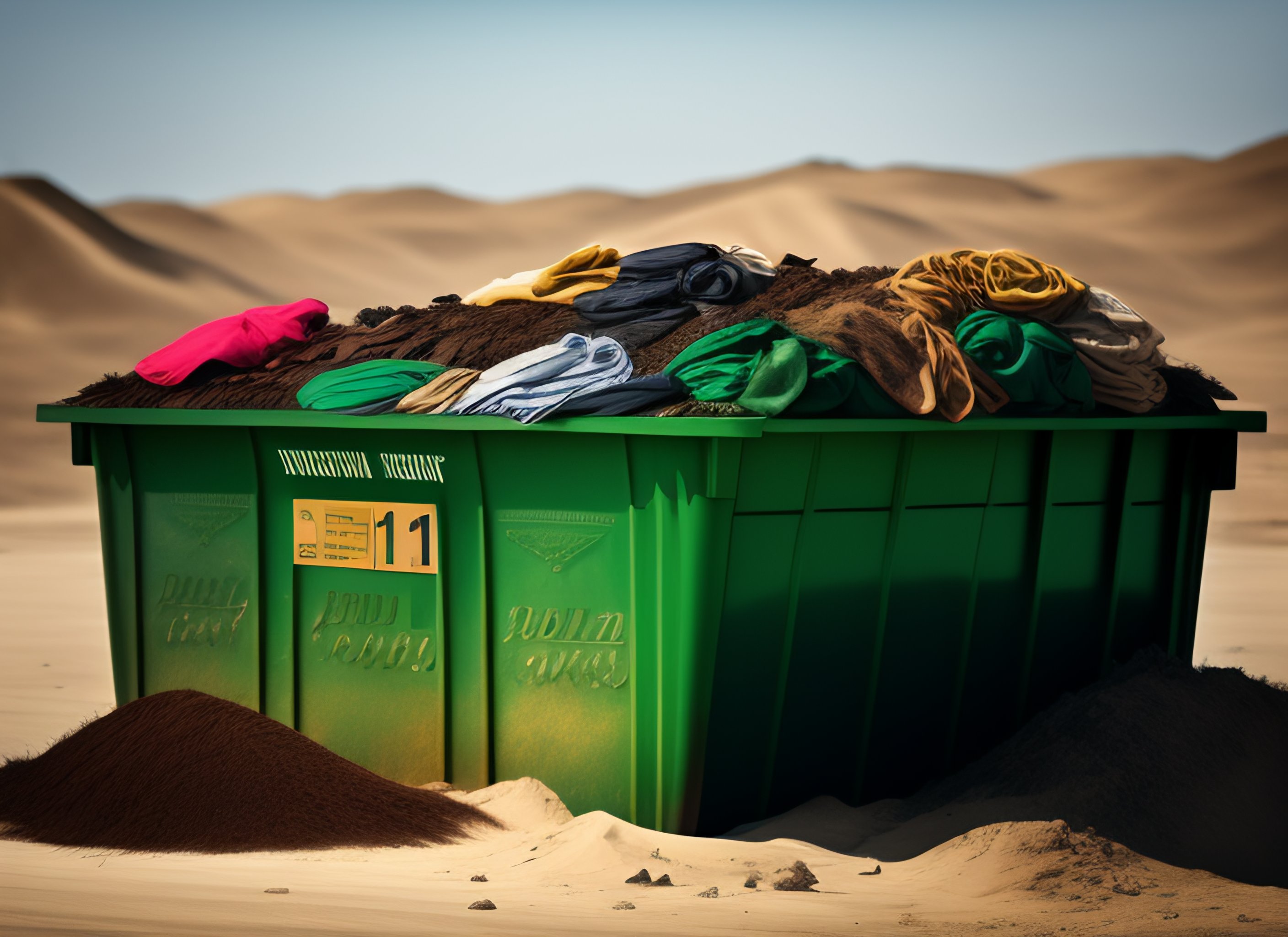 Lexica - Used clothing in dumpster, fast fashion, dirt, pollution,