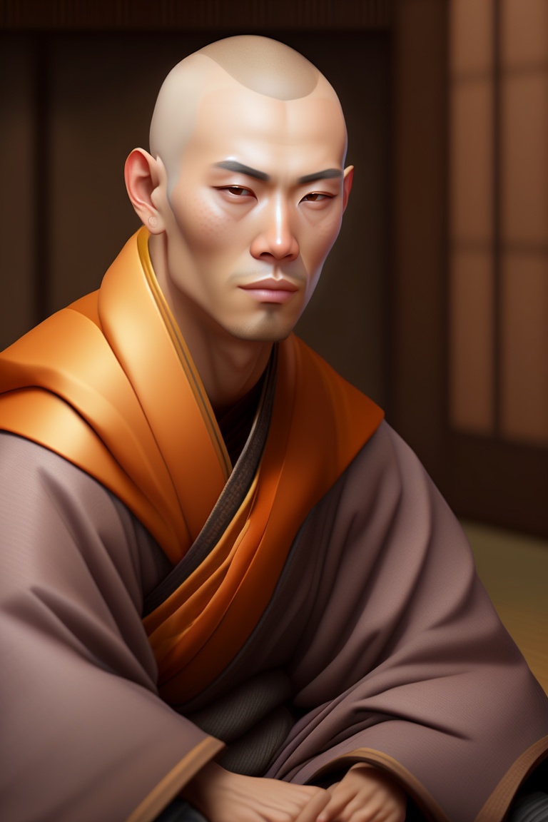 Lexica - A Zen monk, with a shaved head, seated on tatami mats, in a ...