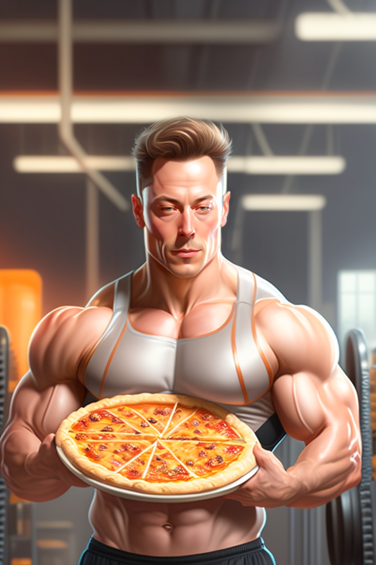Lexica - Bodybuilder elon musk lifting pizza at the gym, realistic ...