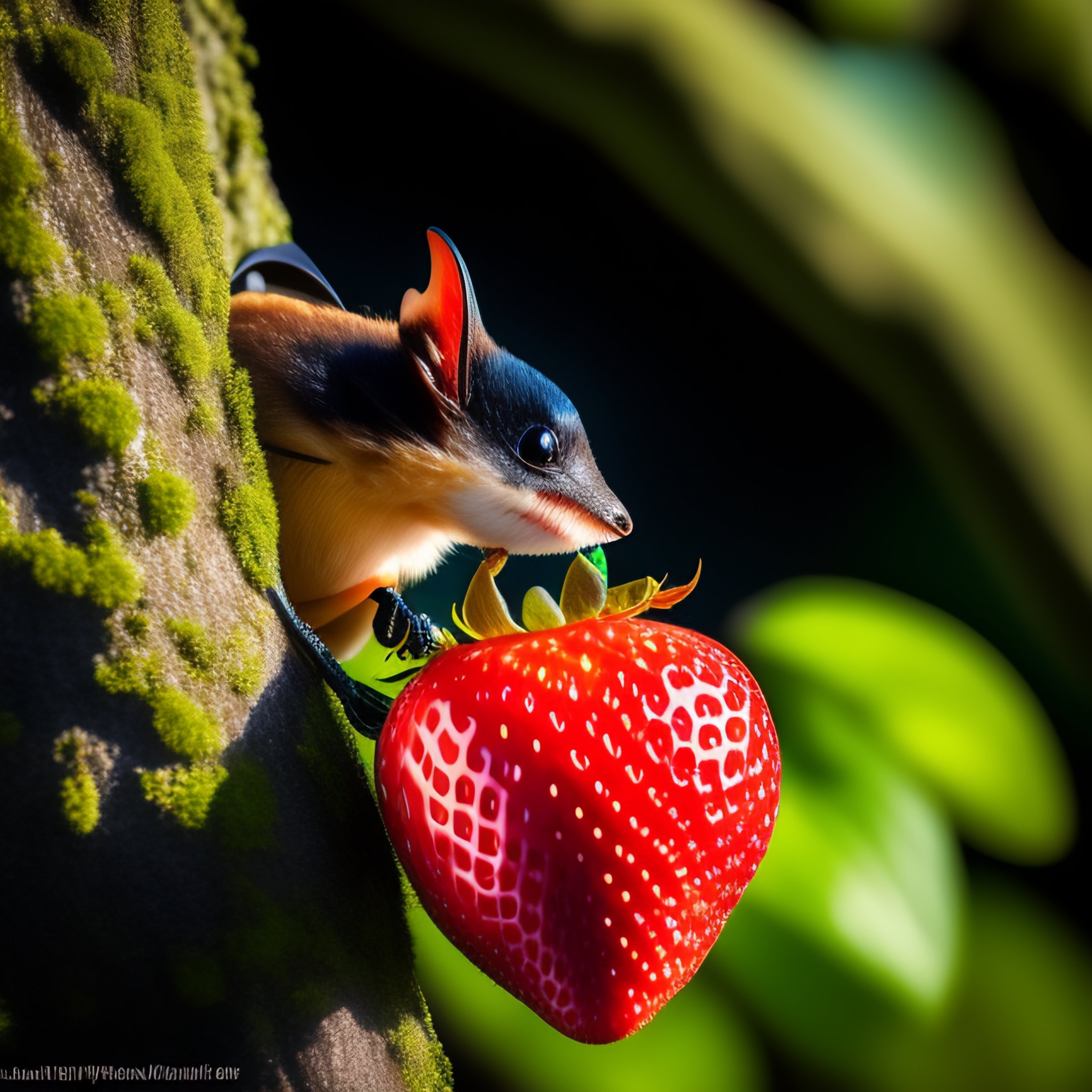 Lexica - A bat eating a strawberry, in a tree, wings out, Nikon ...