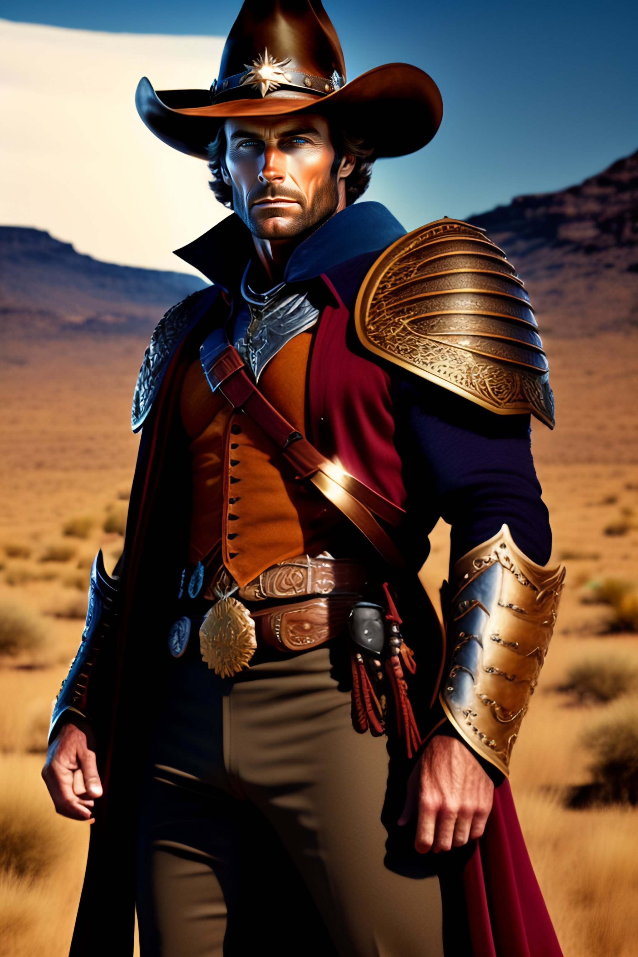 Lexica - Male spellslinger cowboy, in fantasy light armor, with hat. He ...