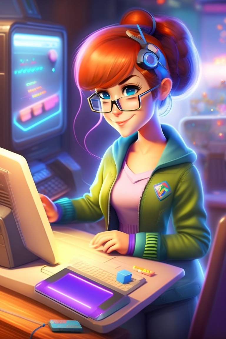 Lexica - Bright Pixar art girl playing computer games, where the ...