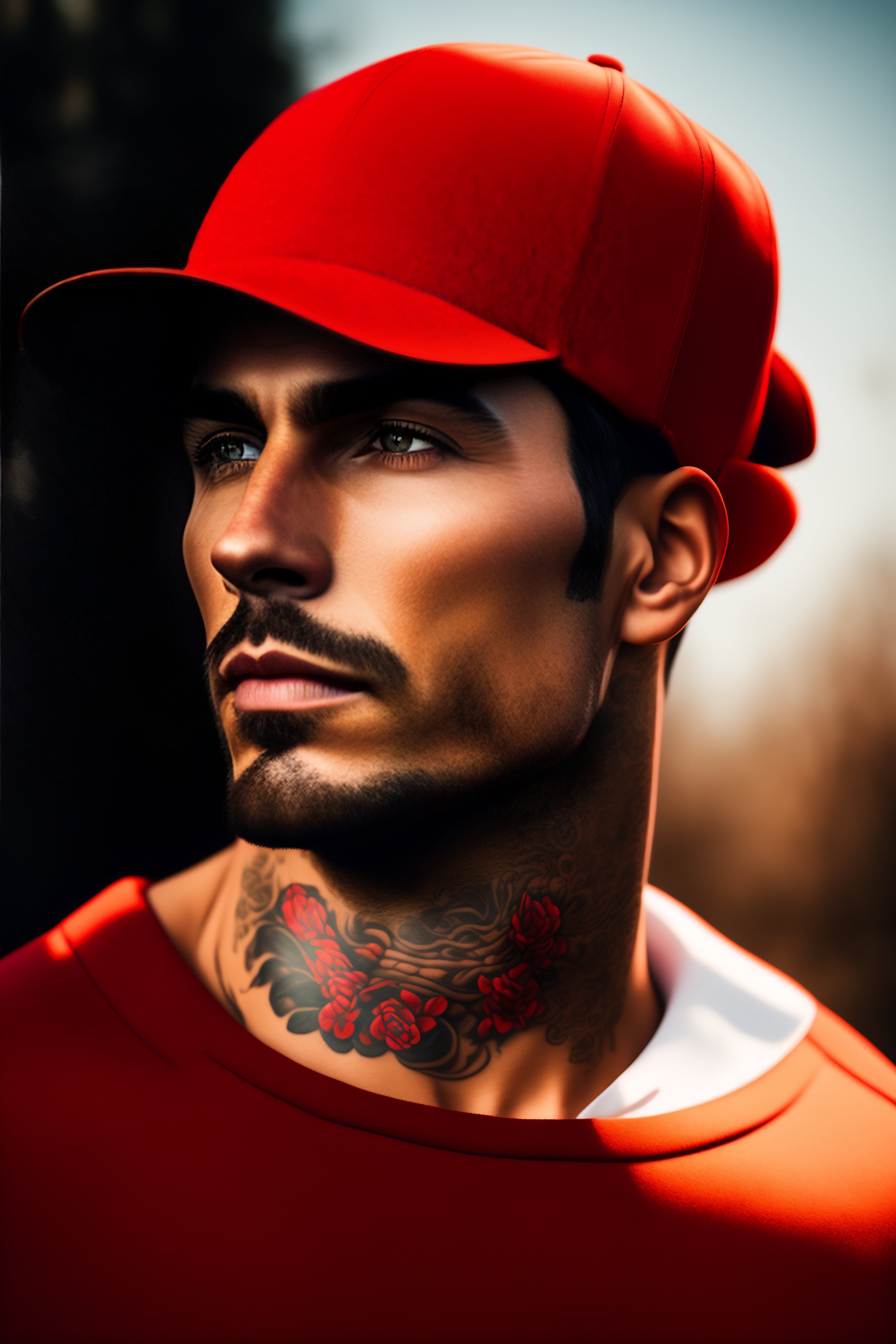 Lexica - Portrait of man in red hat, tatoo on face