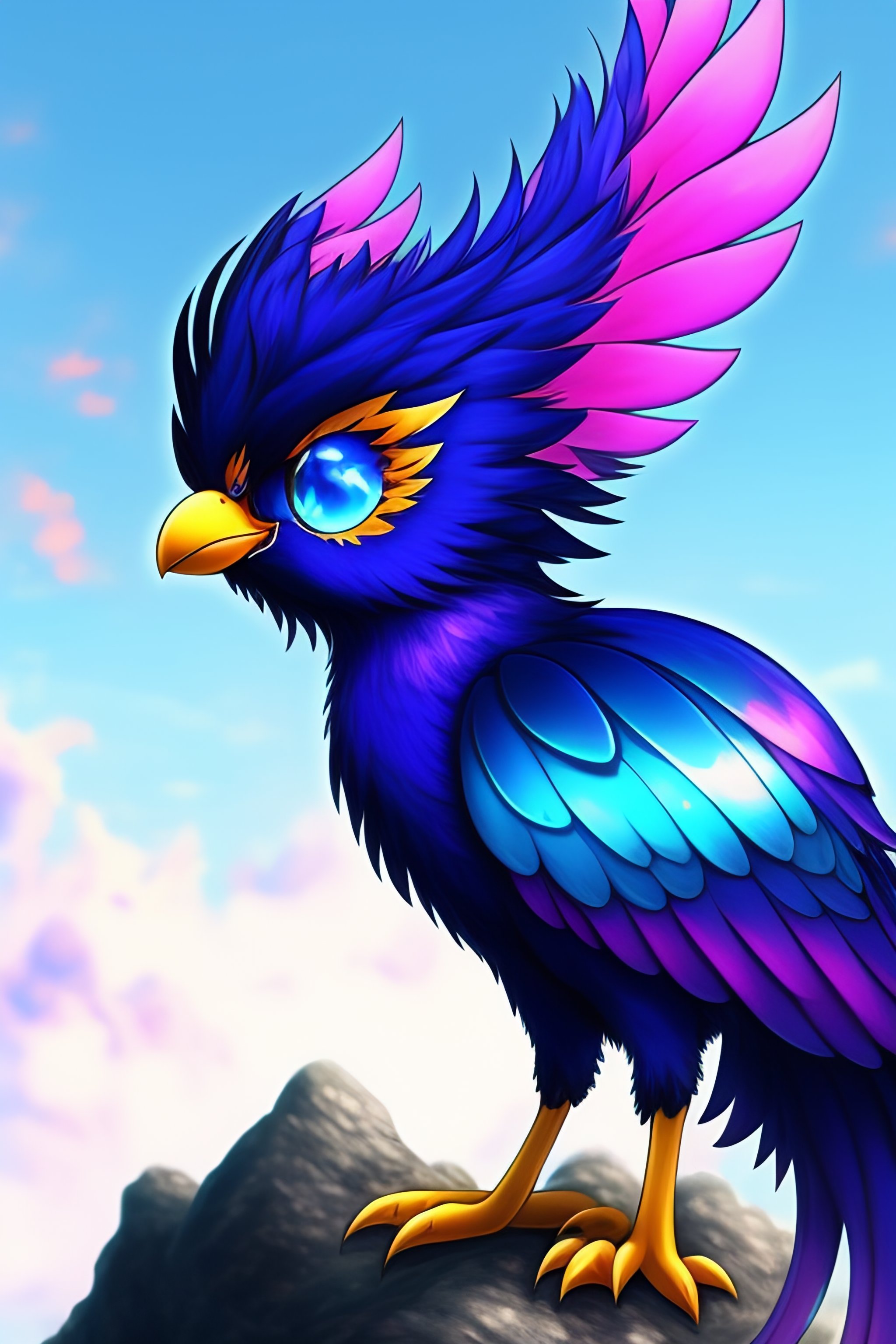Lexica - A cute anime phoenix. It has large eyes and a black beak and ...