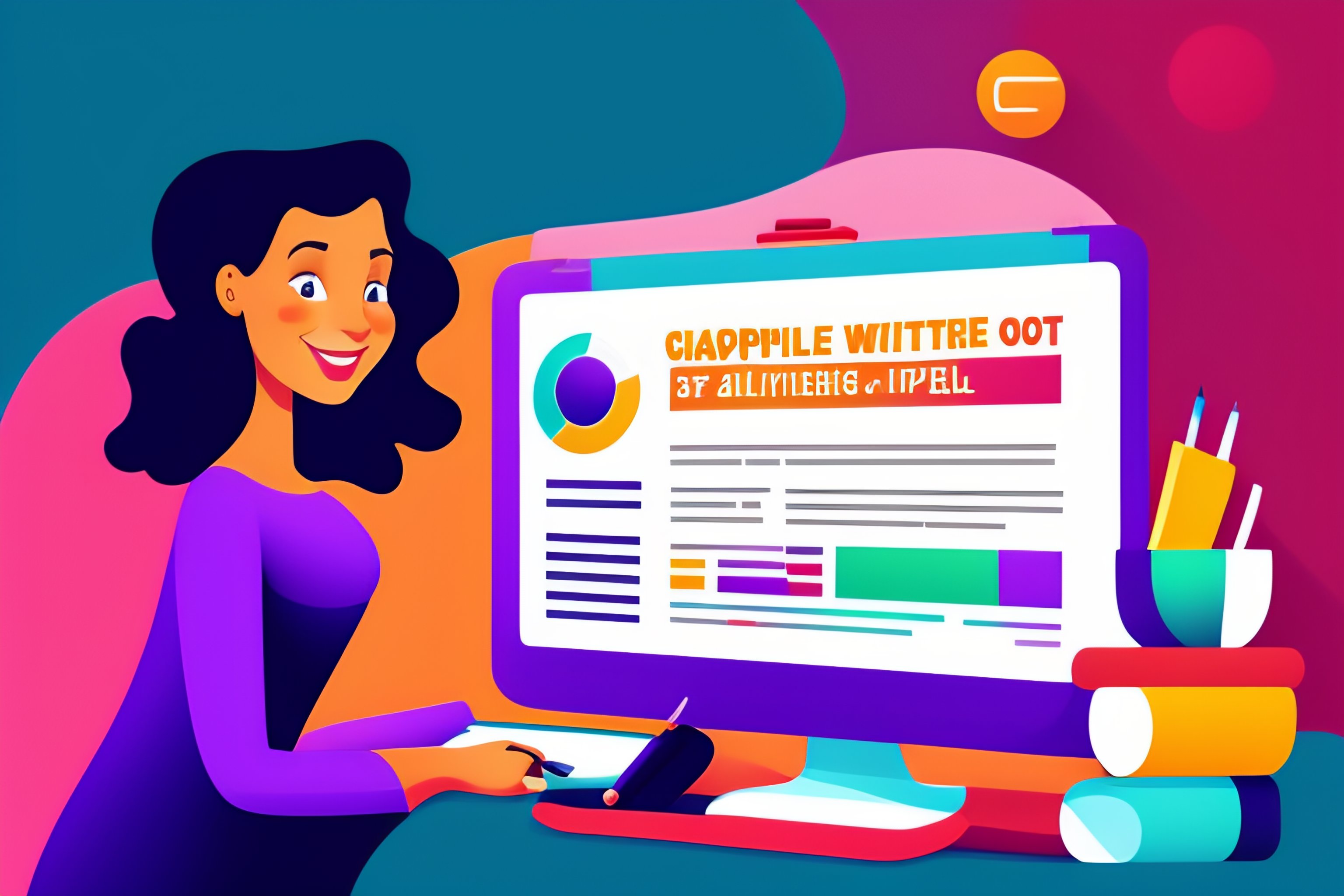 Lexica - Graphic illustration of a happy woman writing a cover letter ...