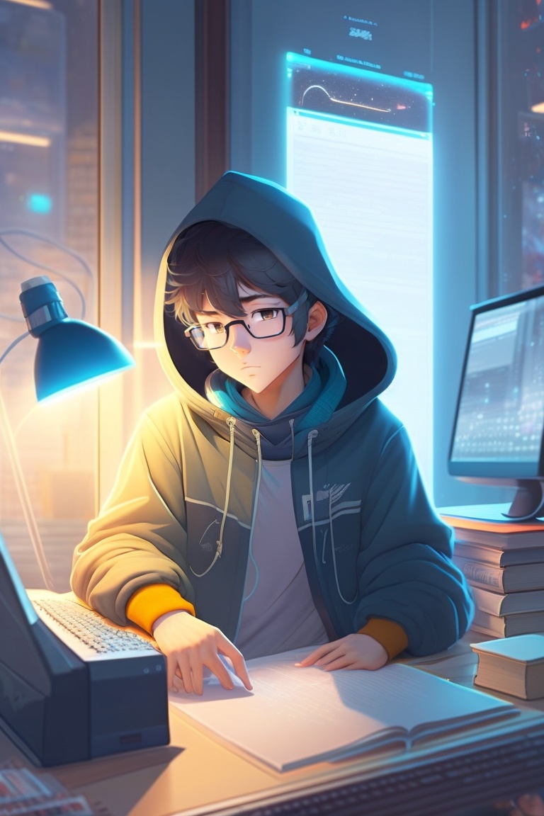 Lexica - A nerdy boy ith 22 years old in a hoodie is programming at a ...