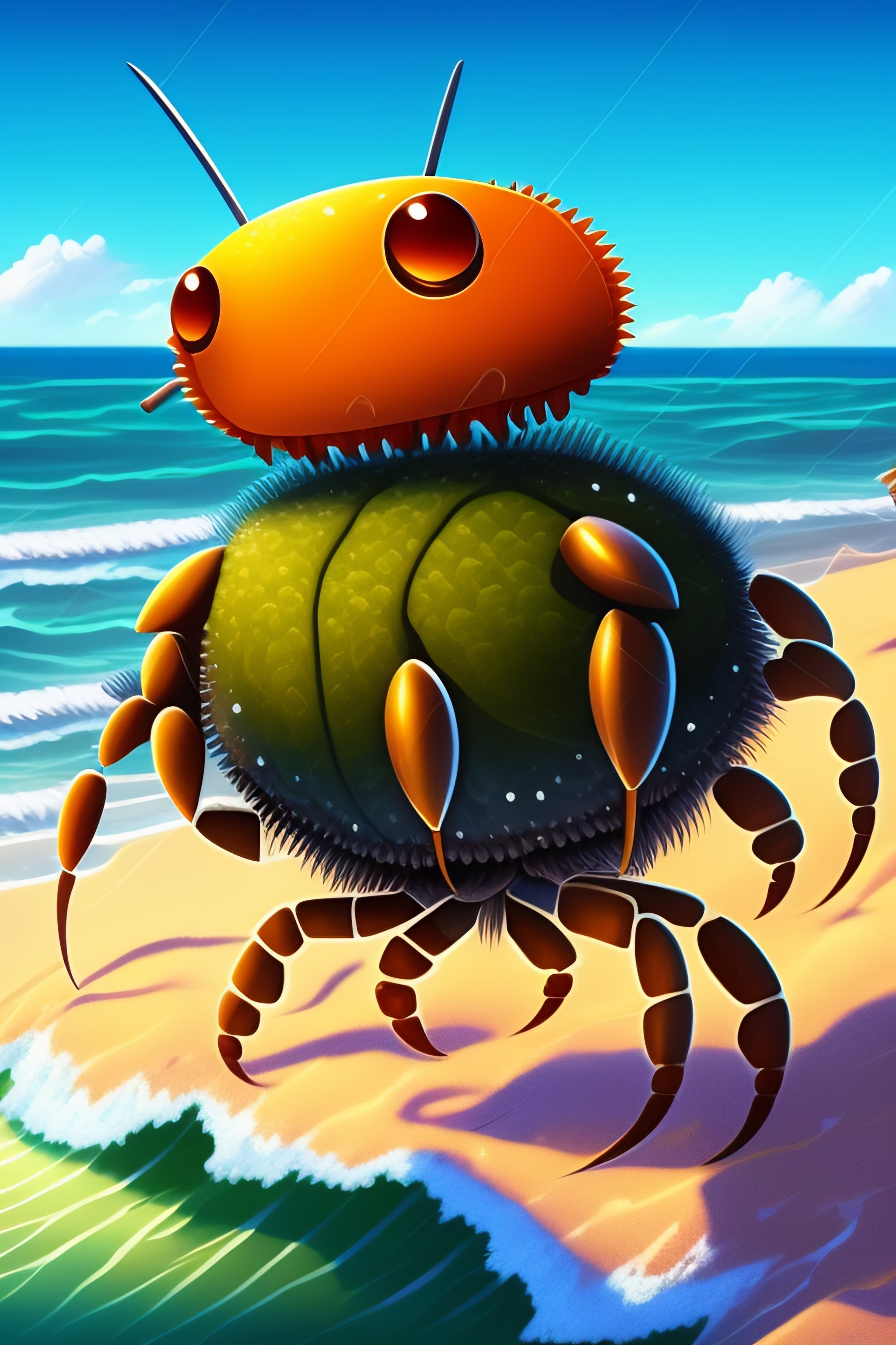Lexica - Illustration of a Humanoid monster crab holding a spear on a beach