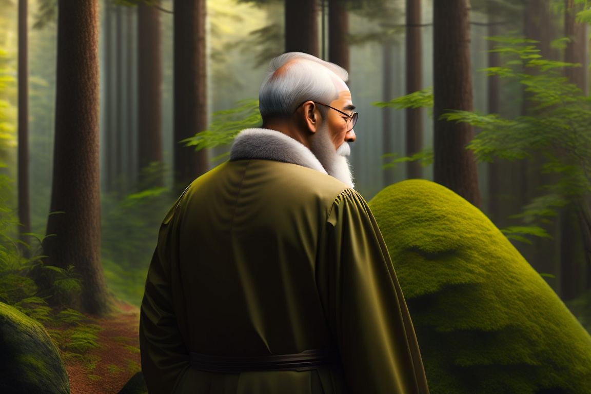 Lexica - A picture of Zen master walking through a lush forest, deep in ...