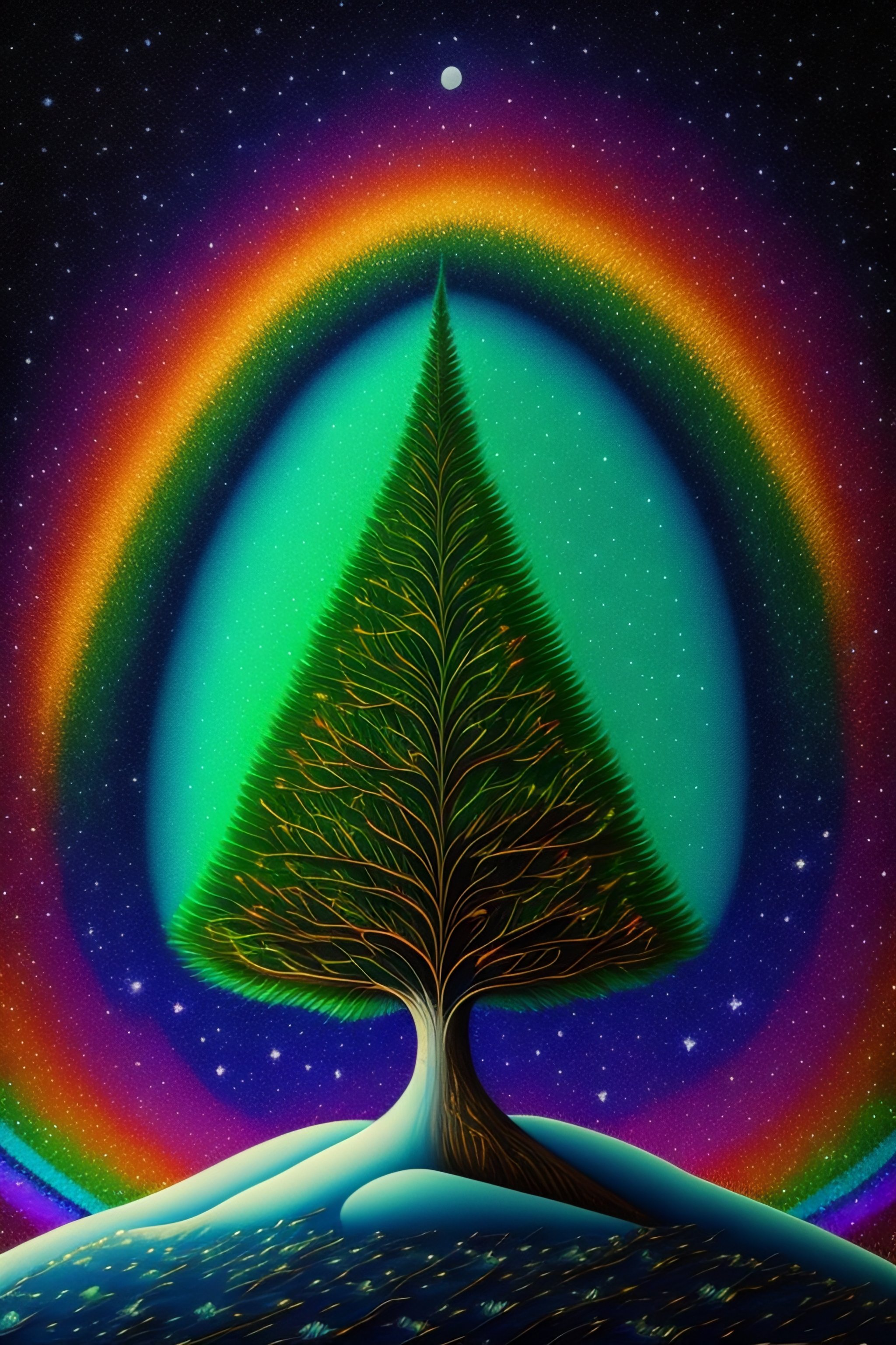 Lexica - Pen drawing of a tree on the moon, outer space, rainbow colors ...