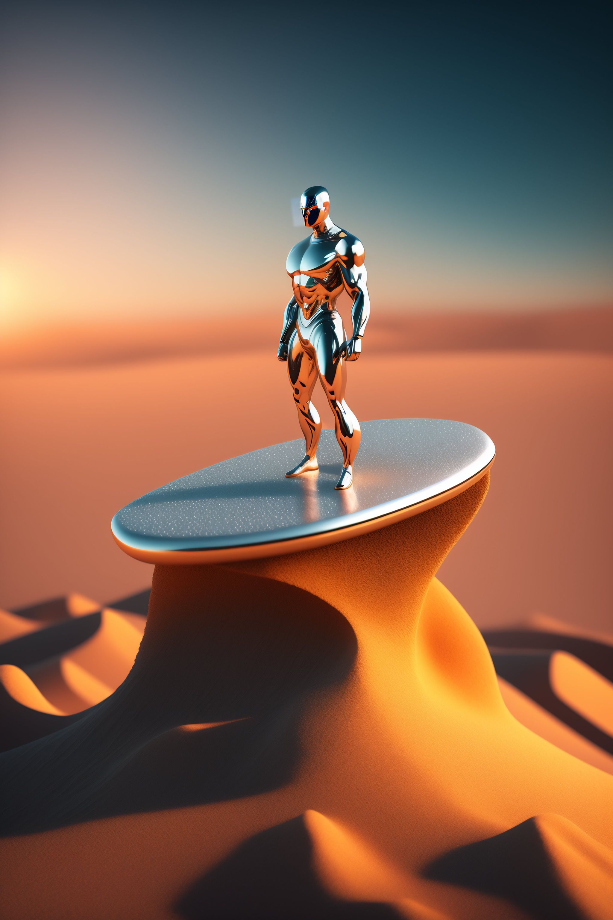 Lexica - Silver surfer, on top of his surf board, sand, wind, with ...