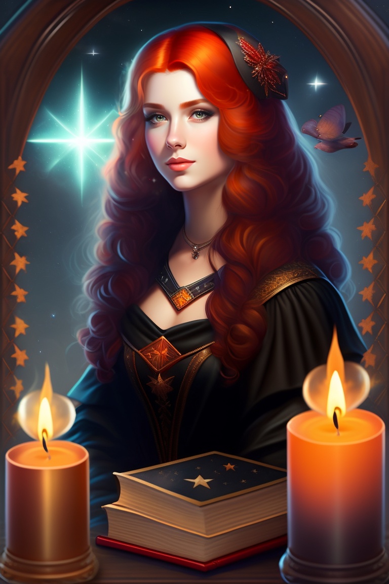 Lexica - Girl. fortune teller, with red hair, in a black dress ...