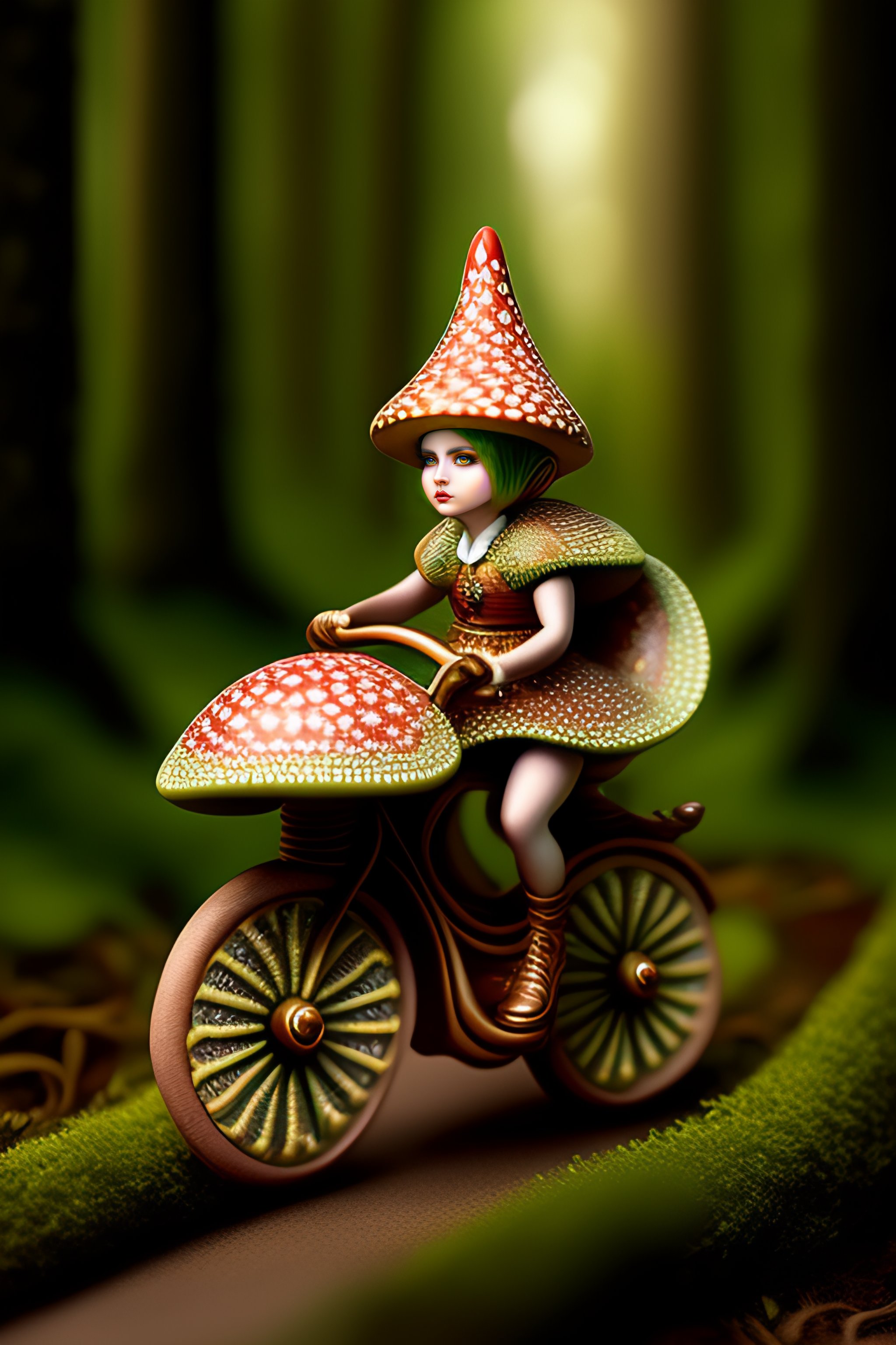 Lexica - Intricate detailed mushroom elf riding bicycle in a dark ...