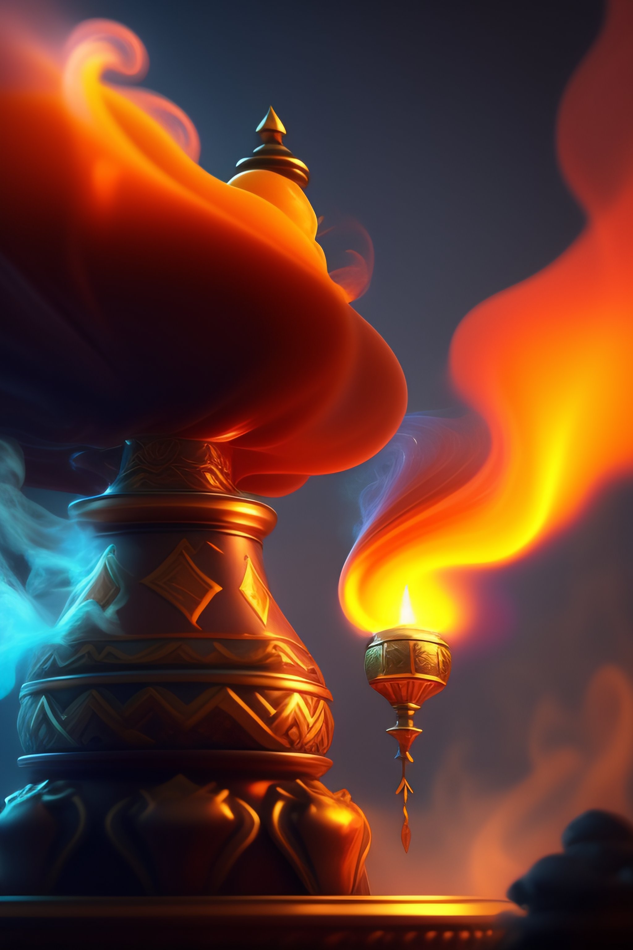 Lexica - A magic lamp from which a genie emerges, powerful genie in a ...