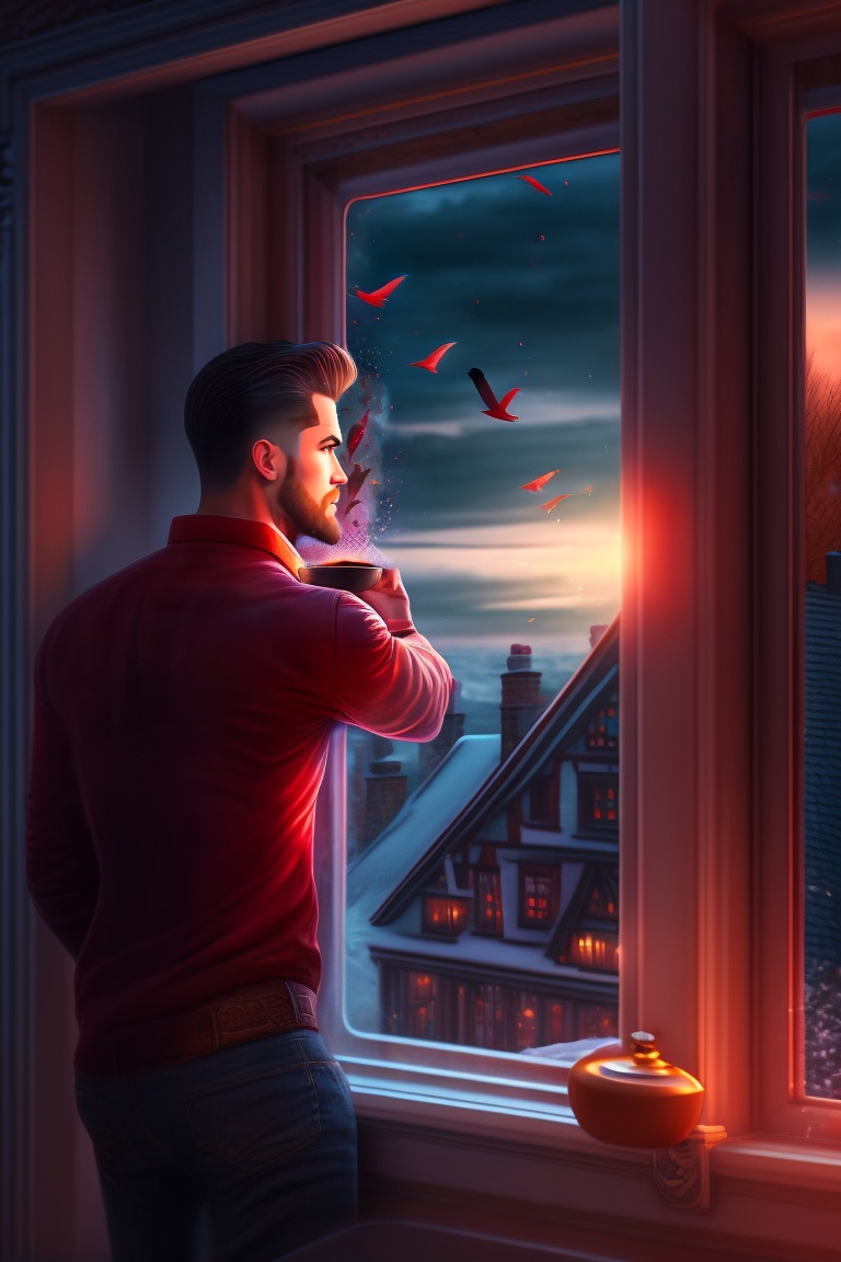 Lexica - A man, holding cup filled with blood, seeing outside window ...