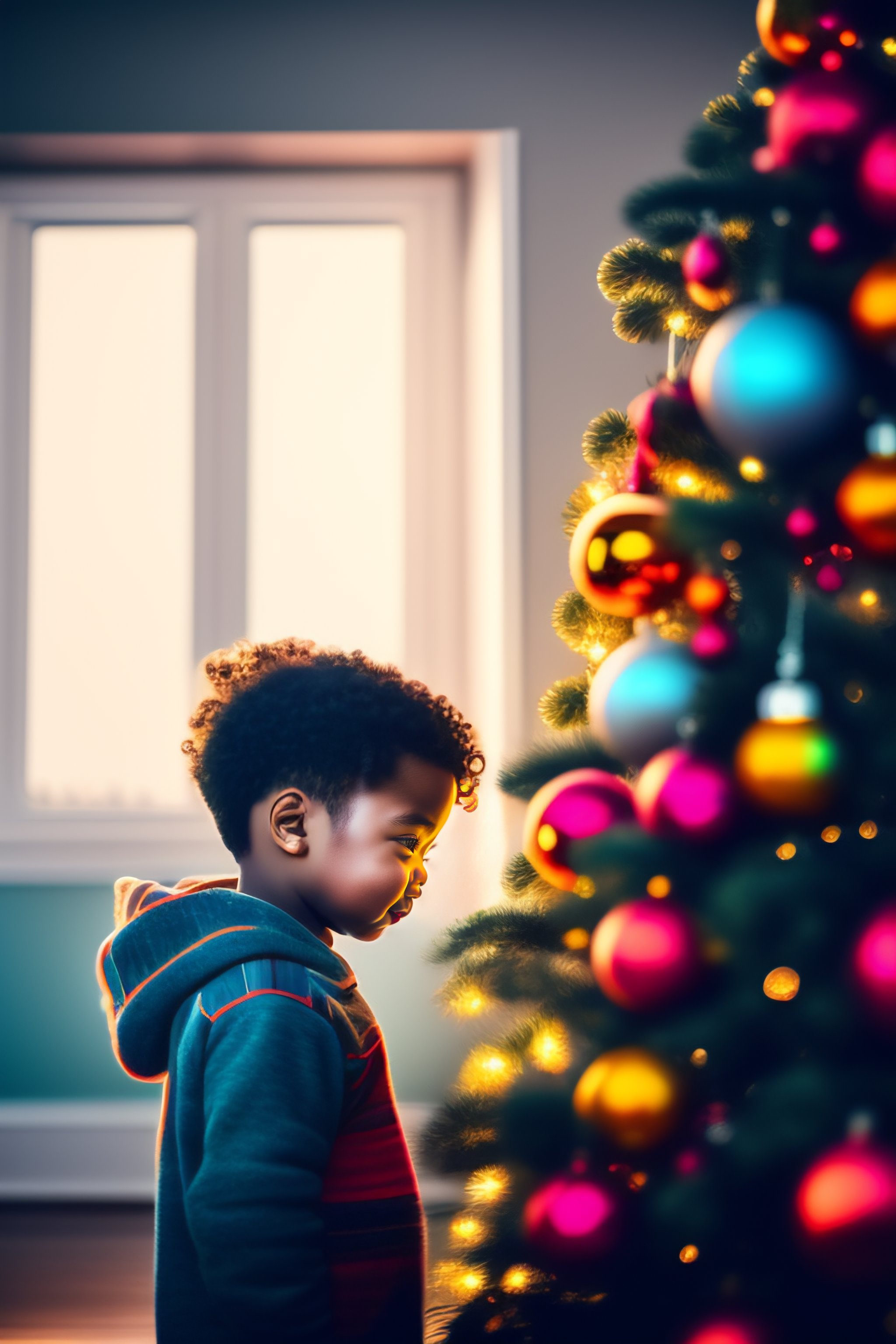 Lexica - Image of a child contemplating some toys next to a Christmas ...