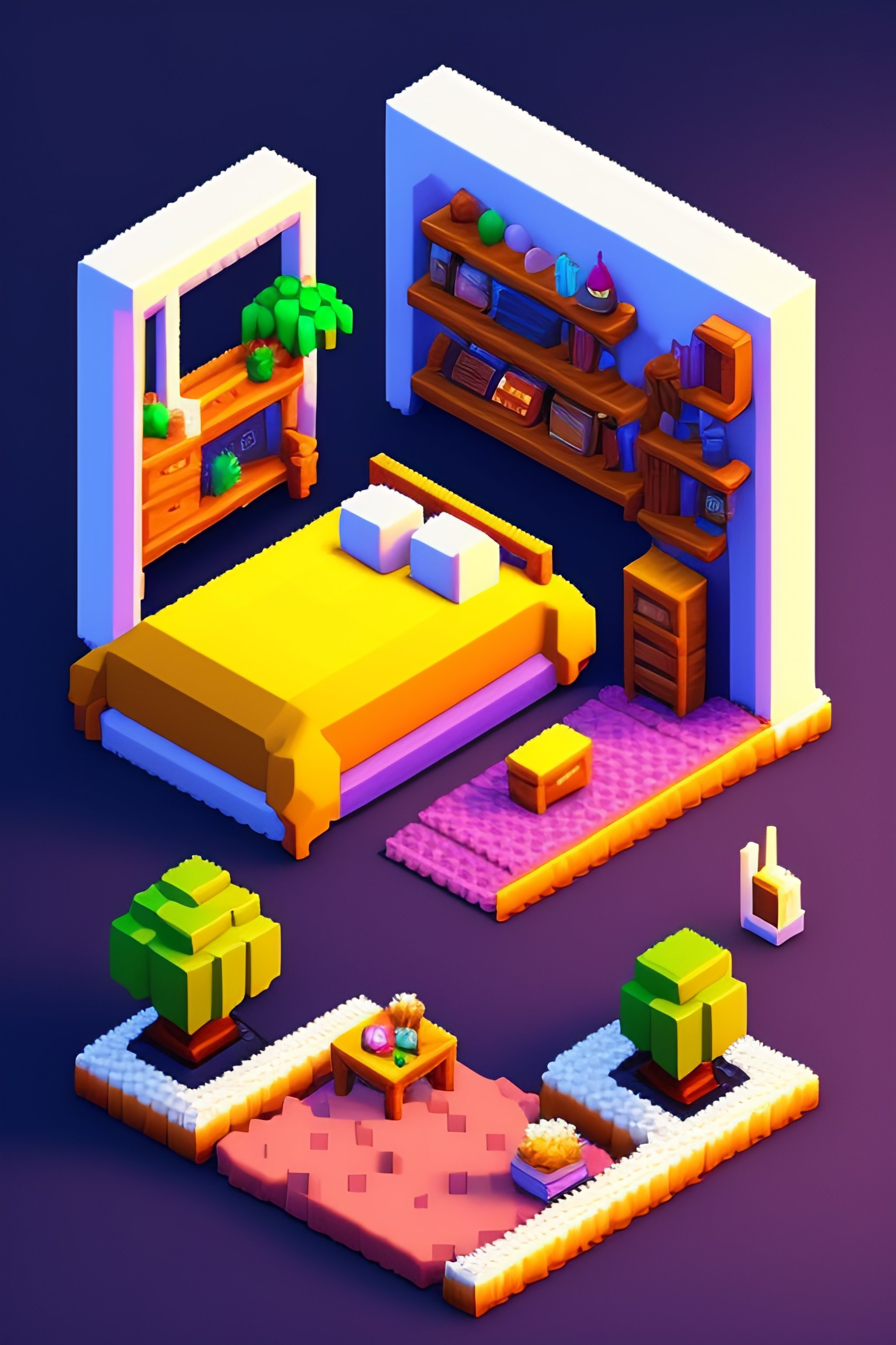 Lexica - "Create a detailed isometric bedroom scene in pixel art style ...