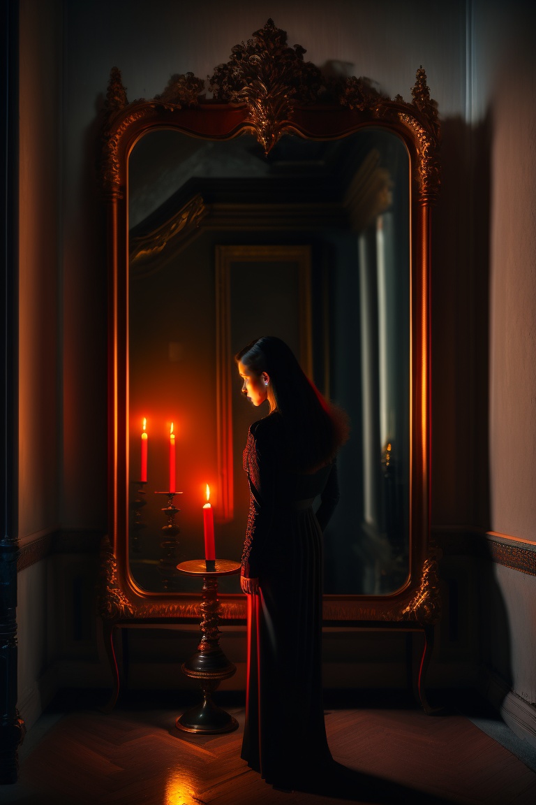 Lexica - In a dark room, a woman stands in front of a large antique ...