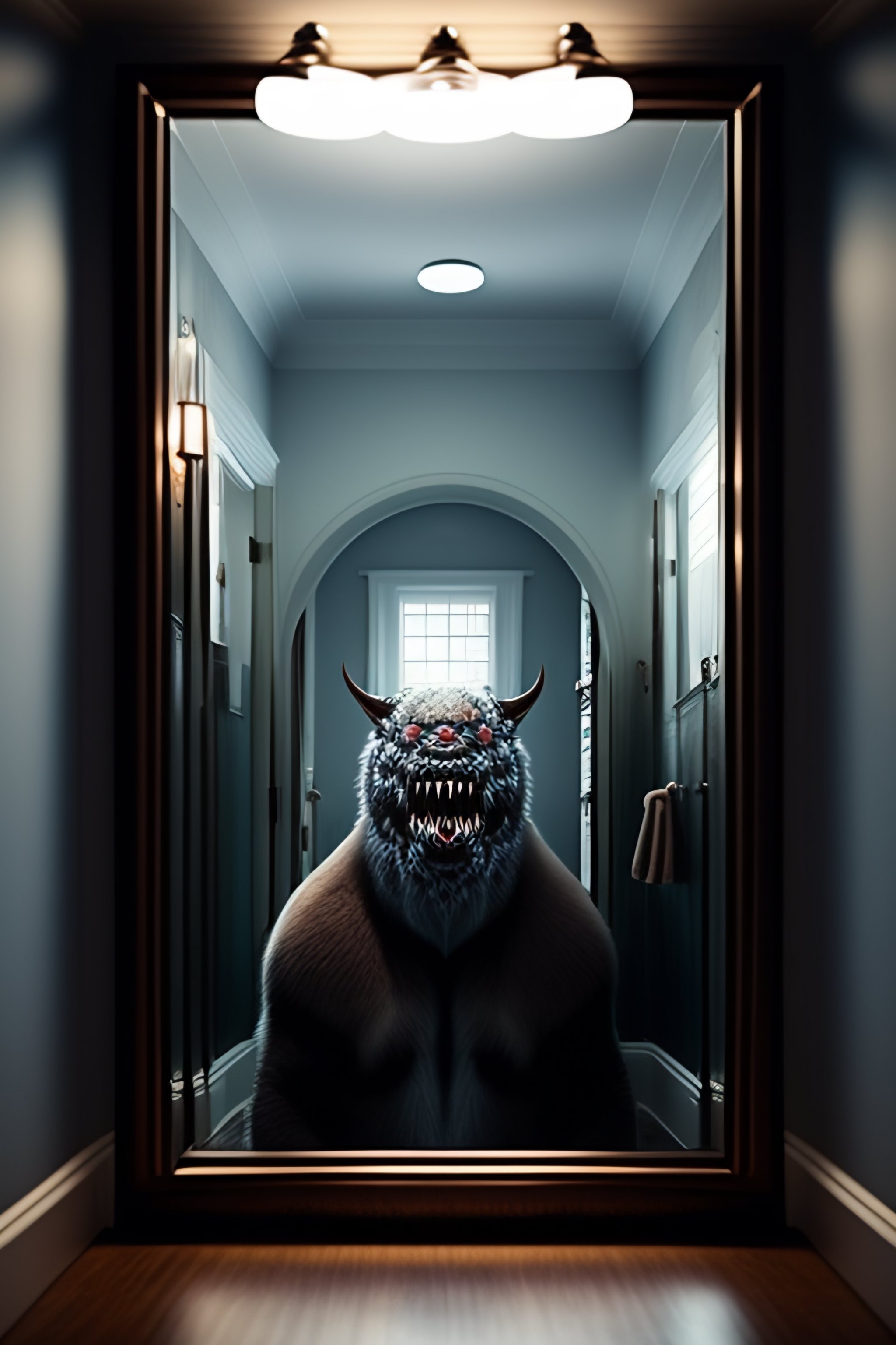 Lexica - Man looking in bathroom mirror and seeing a terrifying monster ...