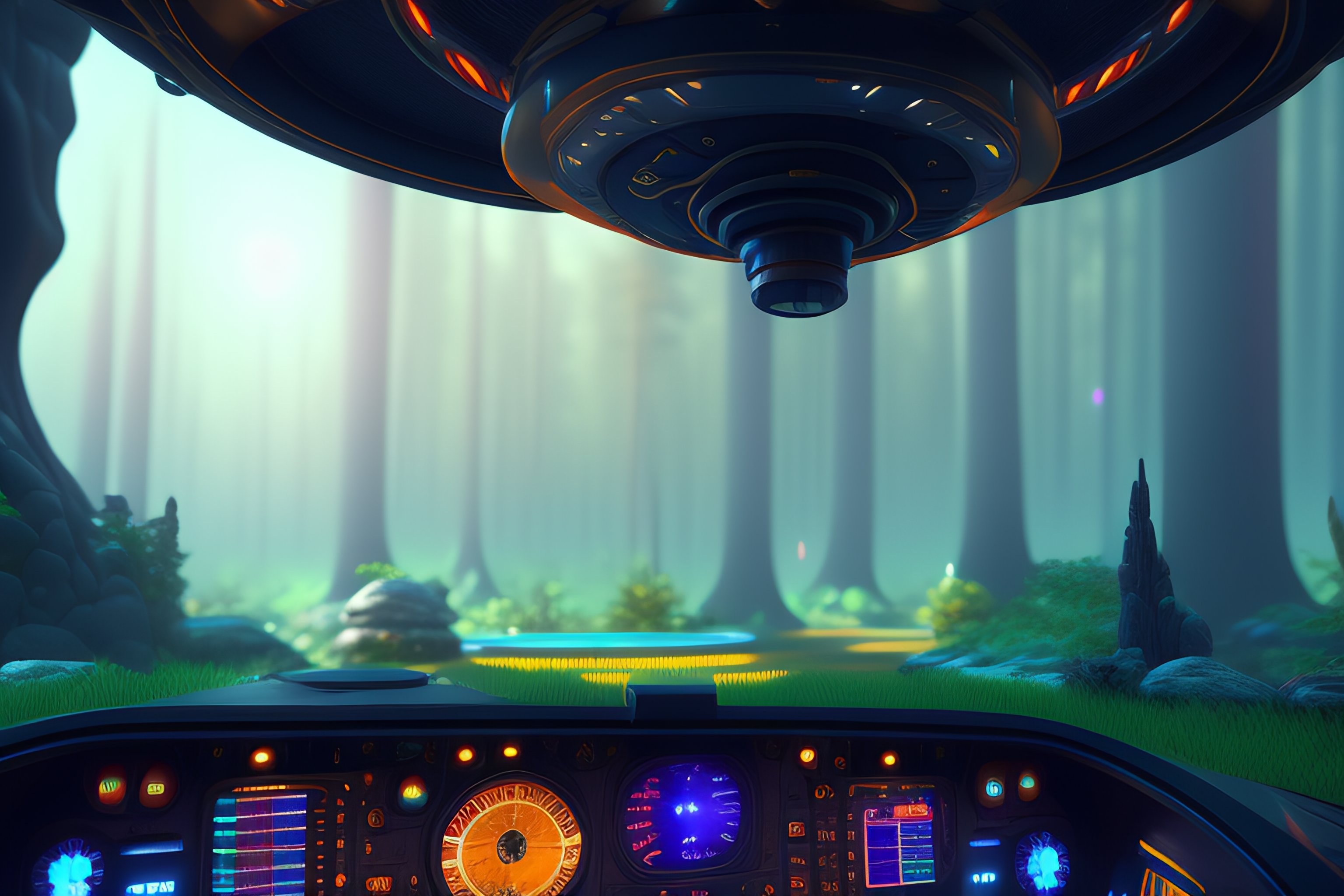 Lexica - Fantasy spaceship cockpit in forest __ ground-level view ...