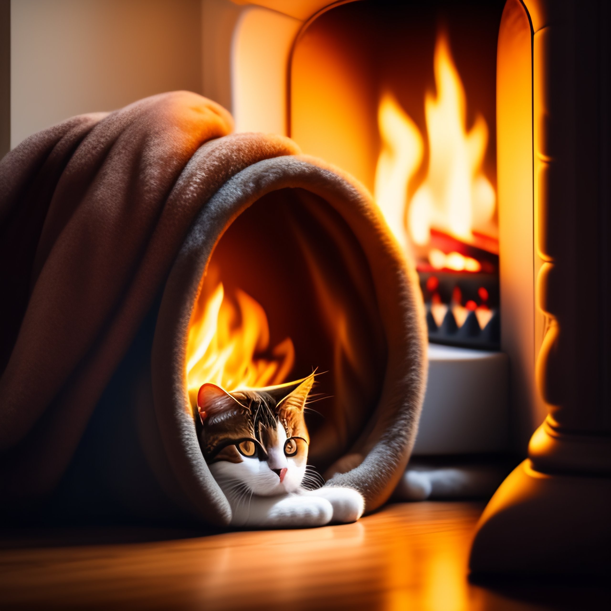 Lexica - A cat snuggled up next to a warm and comforting fireplace. No ...