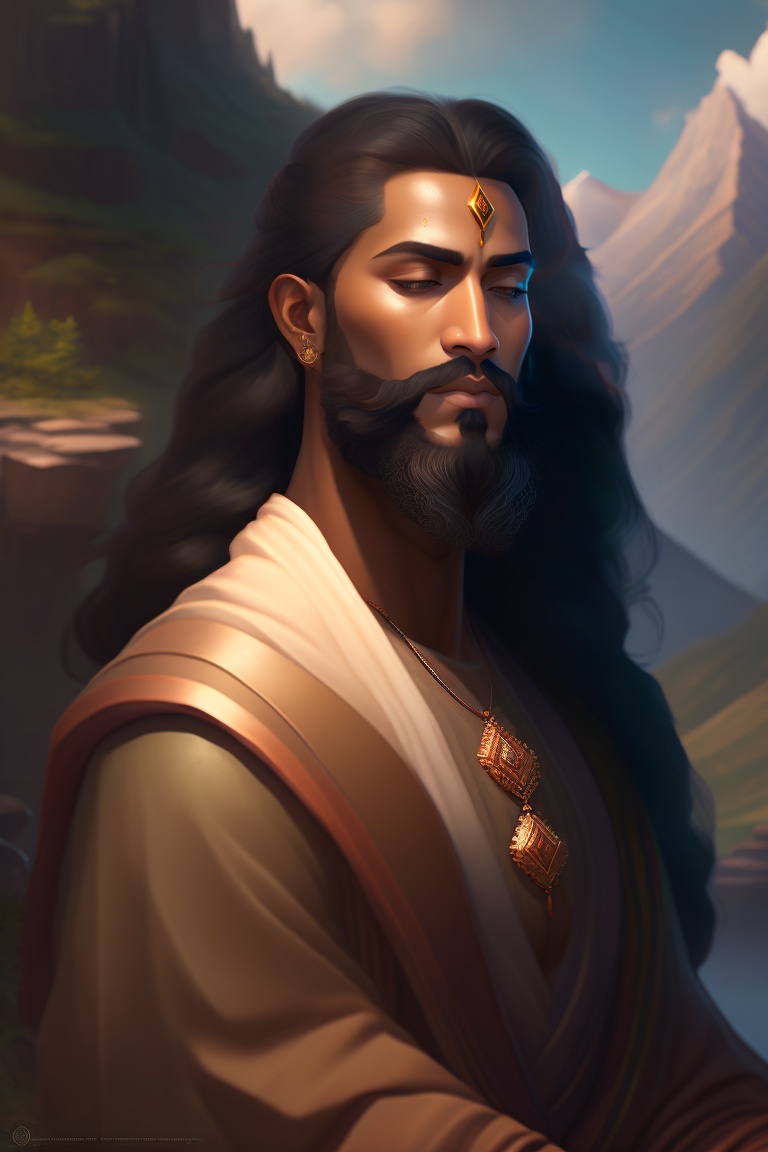 Lexica - Indian monk with black hair curly, black beard, serious face ...