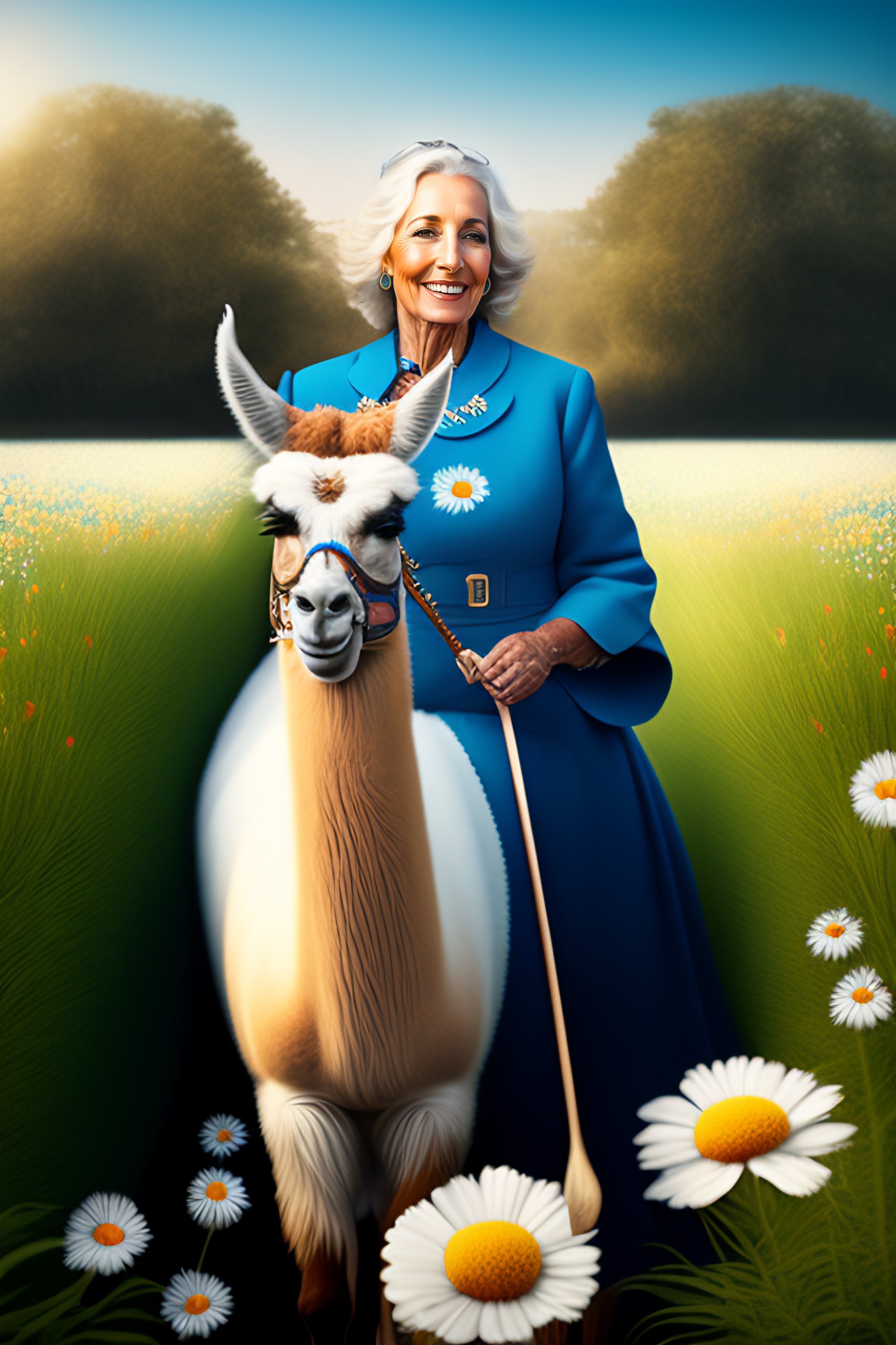 Lexica - Lady with llamas italian in a meadow with daisies