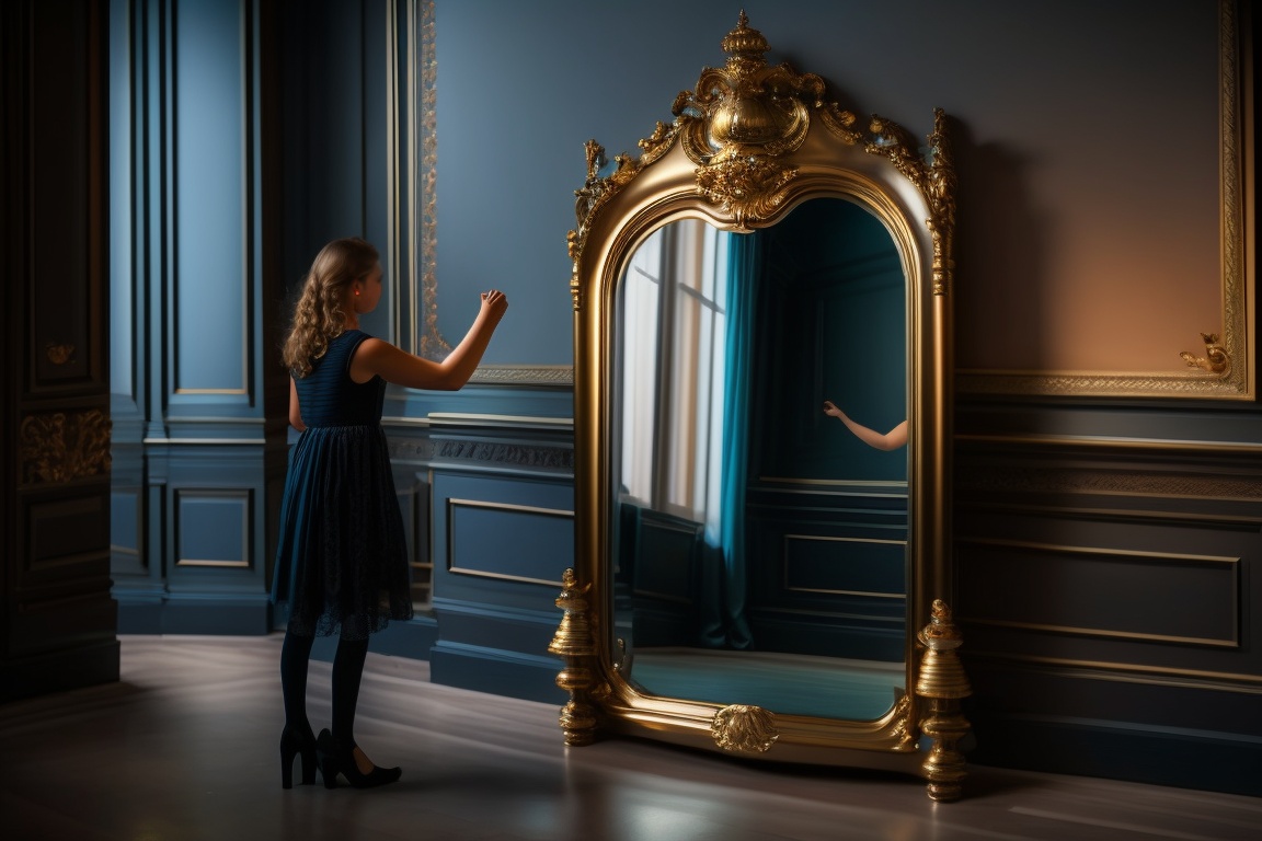 Lexica - An ornate, full-length mirror in a dimly lit room. The ...