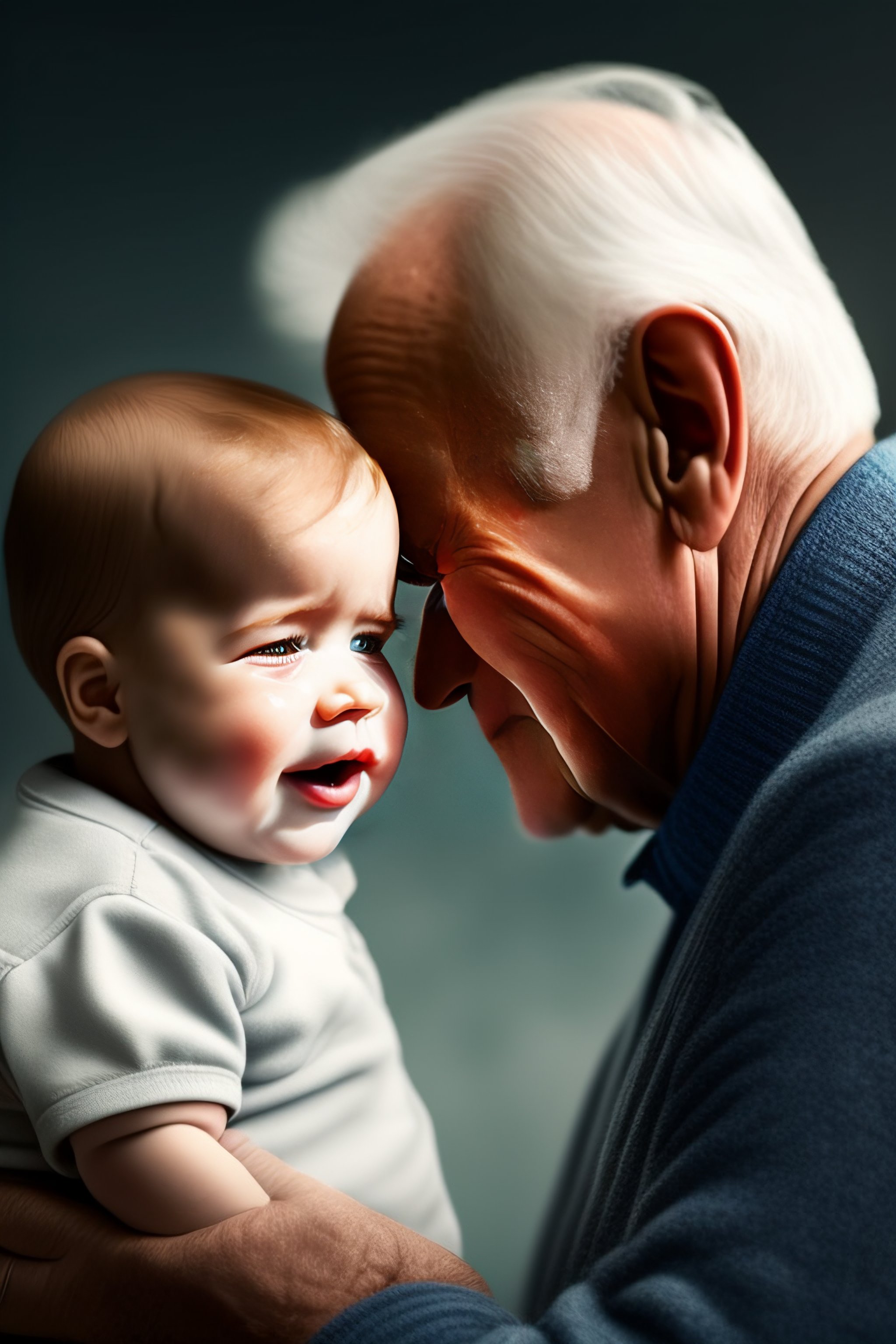 Lexica - Sad crying old man and a baby hand on hand smiling to each other