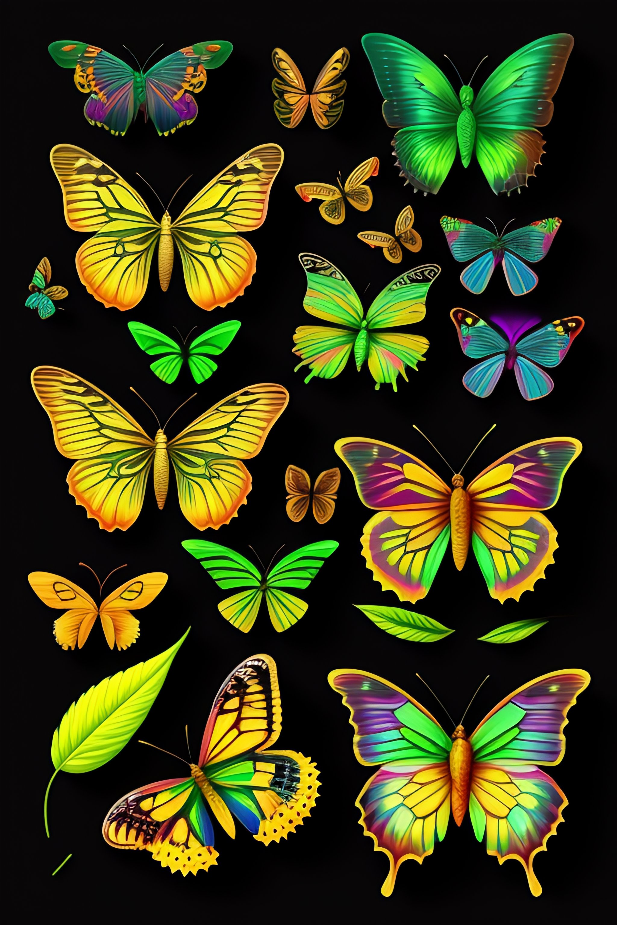 Lexica - Colorful, marijuana leaves and butterflies on pale black paper ...