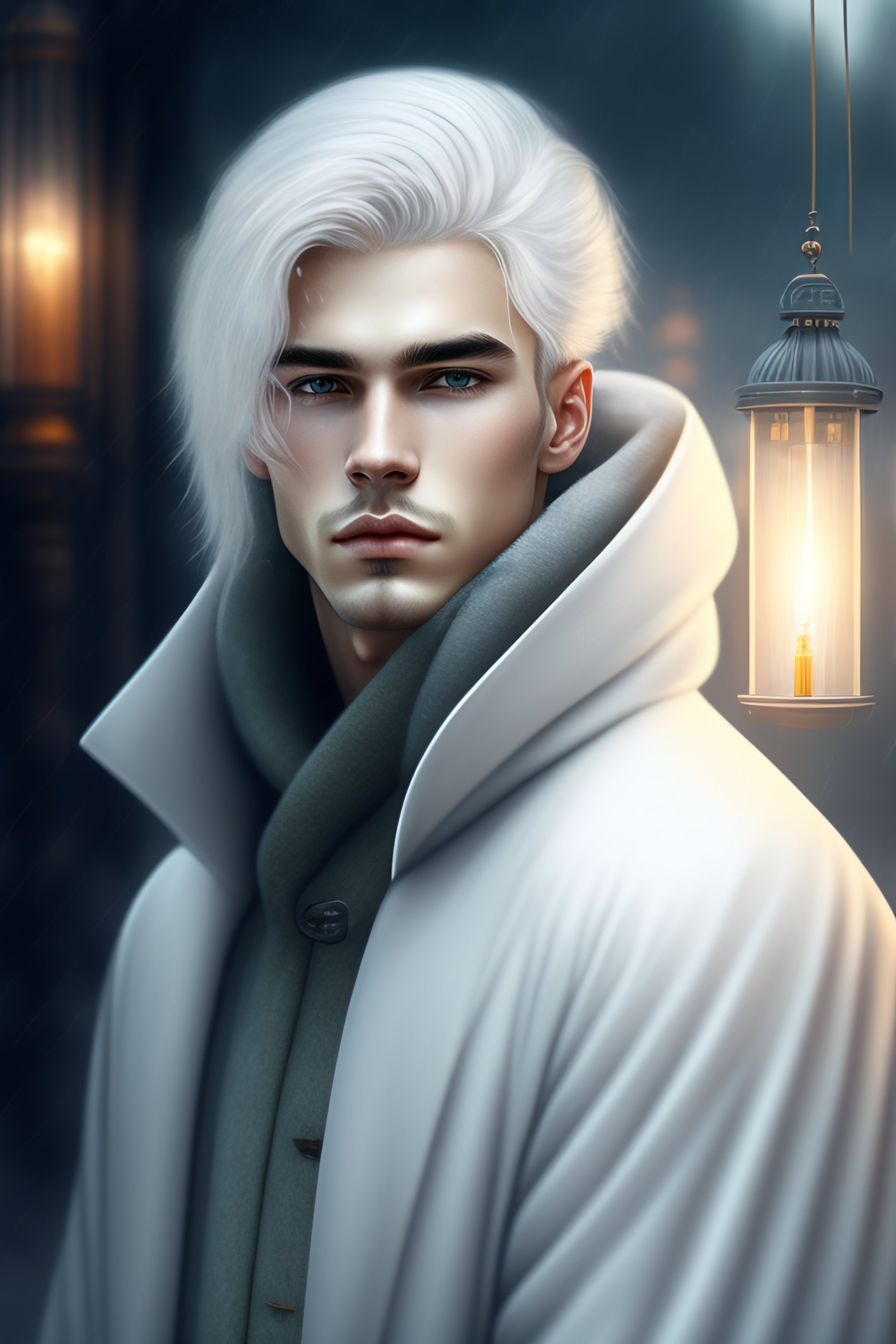 Lexica - Gloomy elegant white-haired boy in a raincoat a lot of details ...