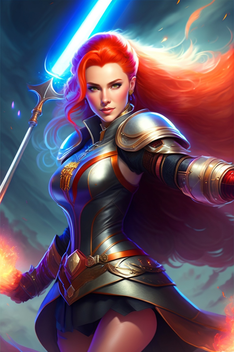 Lexica - Red-hair lady wields two scimitars, throws a flash of bright ...
