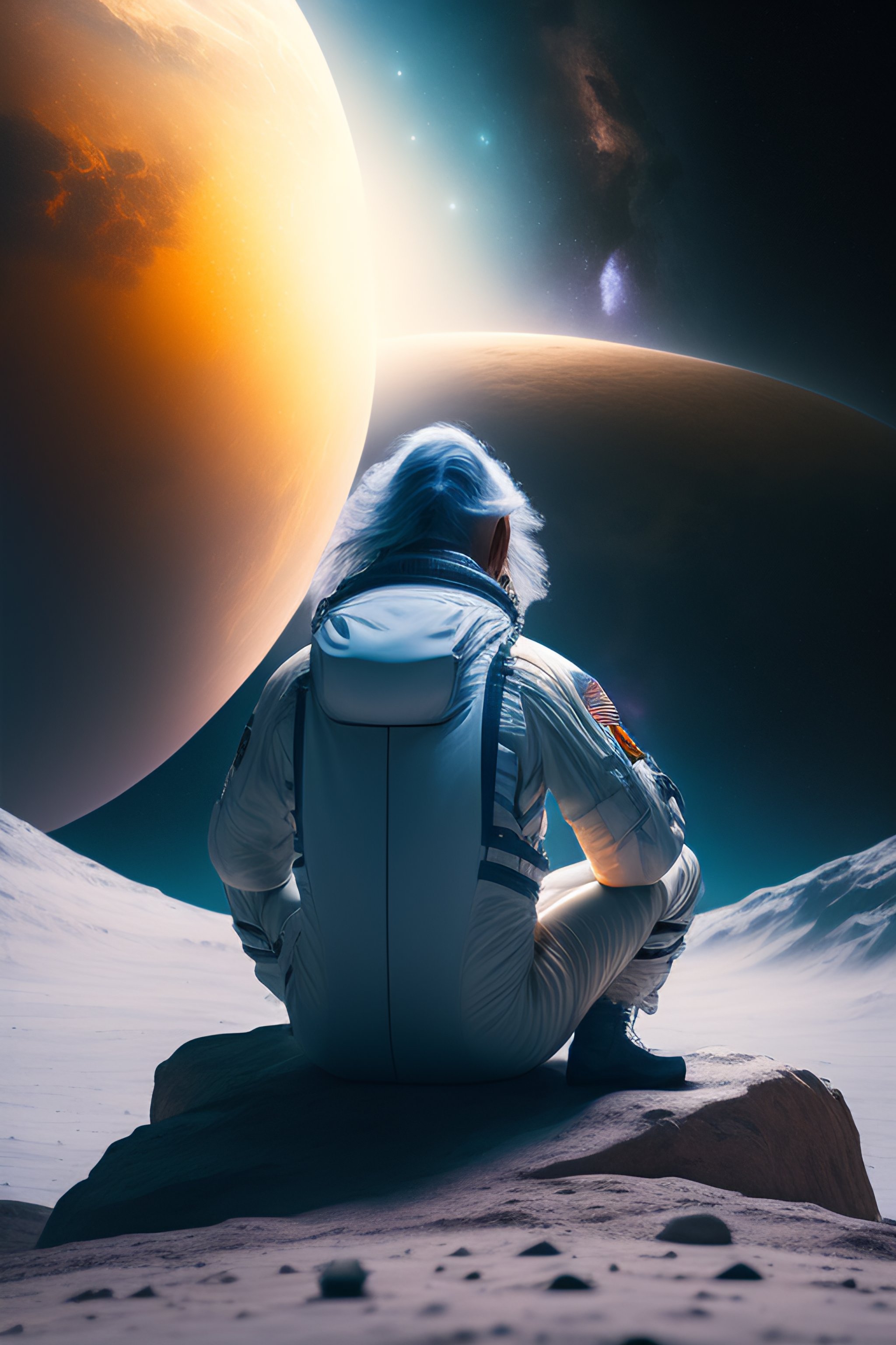 Lexica - Portrait of a male astronaut with long gray hair and closed ...