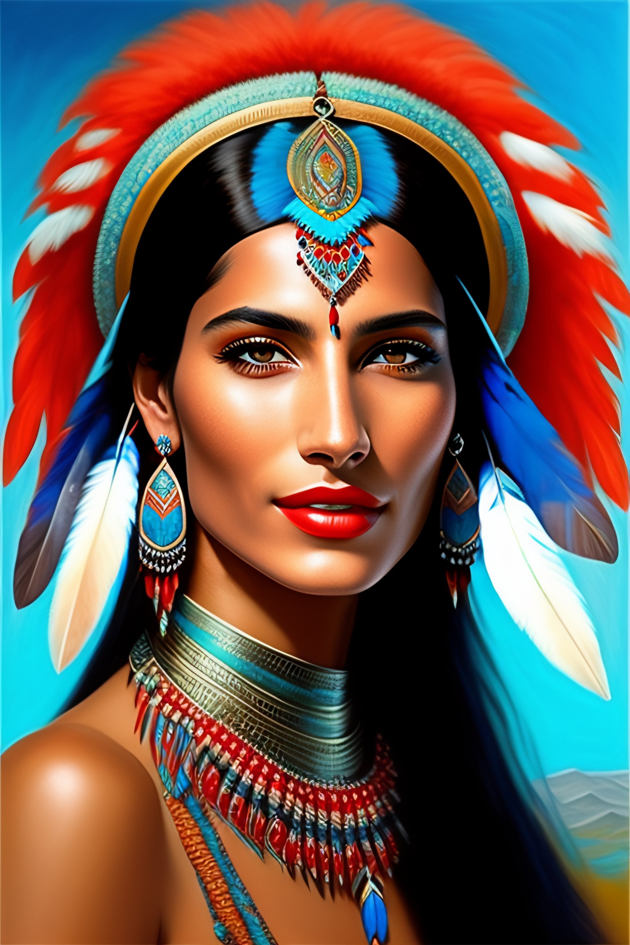 Lexica - Lakota model portrait, beautiful blue turquoise feather ...