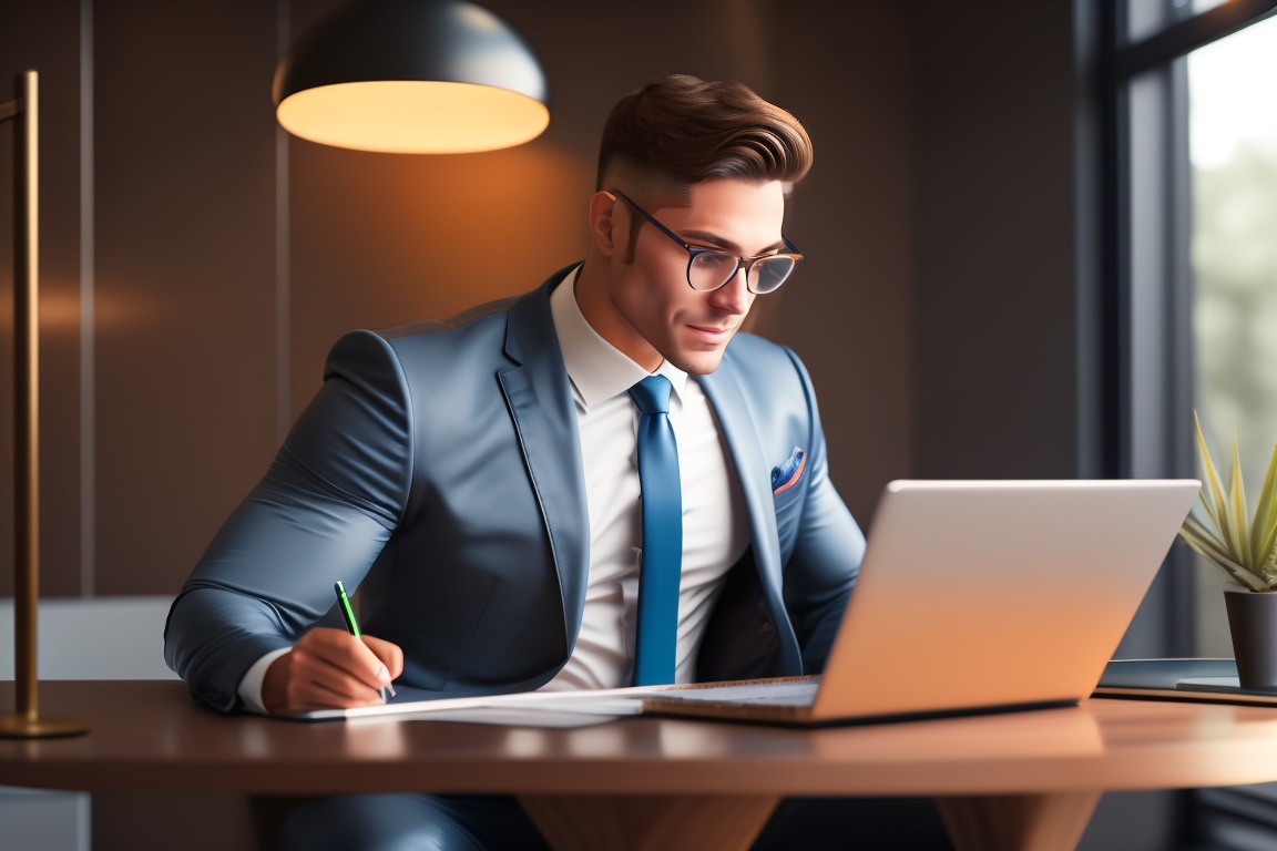 Lexica - The man in a suit is working in a beautiful office with his ...