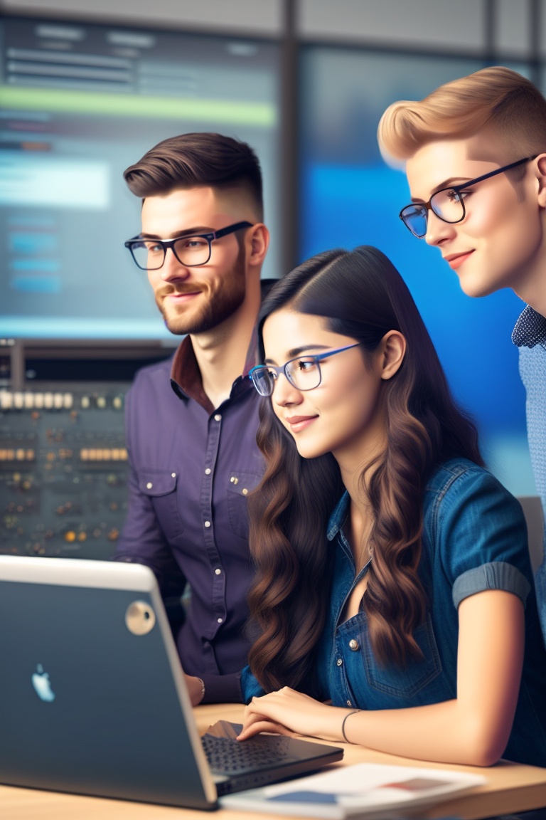 Lexica - 1 young woman and 2 young hipster programers, in classroom ...