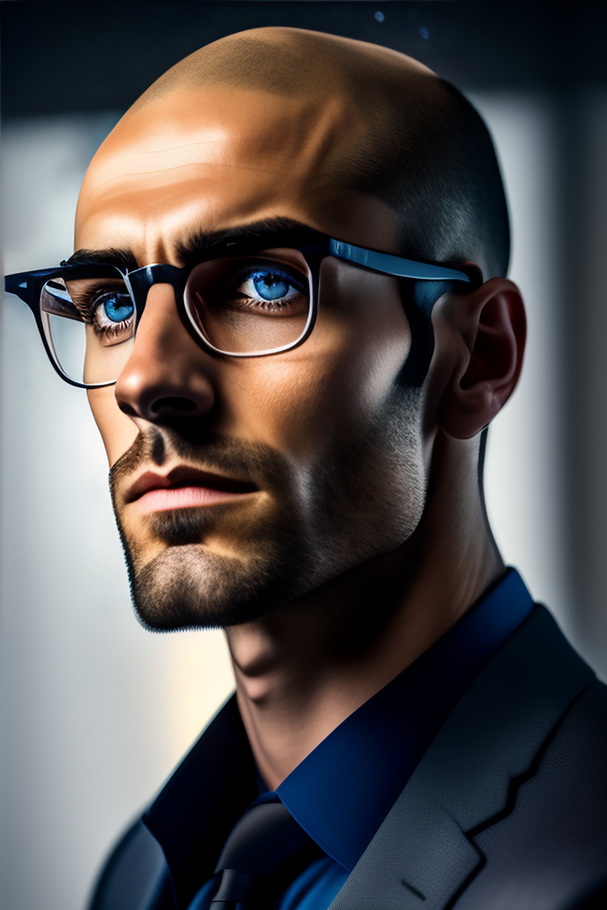 Lexica - A close-up profile photograph of a young, handsome, bald ...