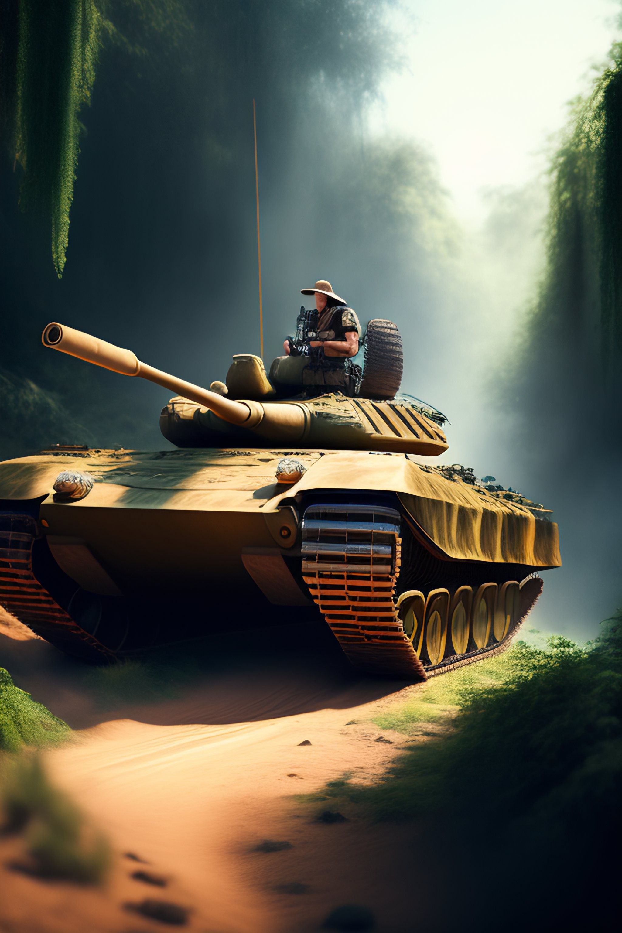 Lexica - Action shot of john rambo on a tank in a jungle, cinematic ...