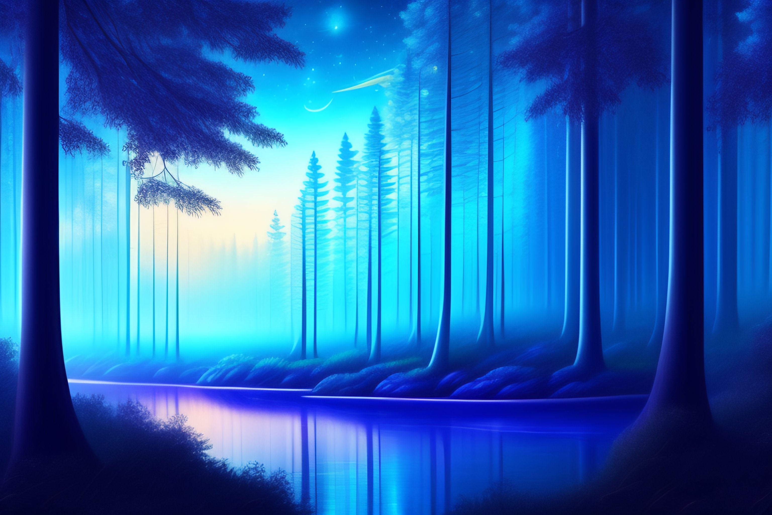 Lexica - Forest trees, galaxy 🌌 digital art blue landscape