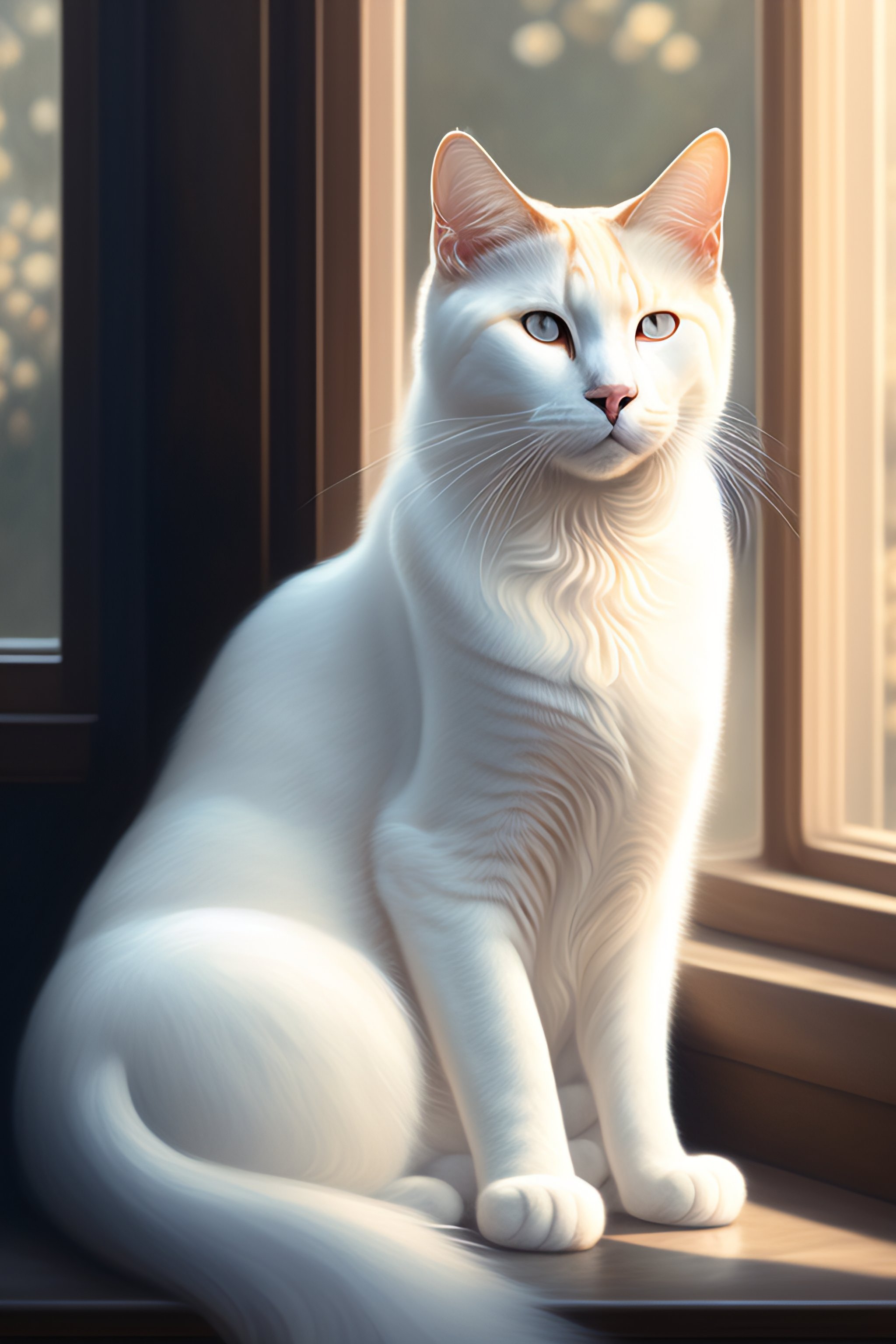 Lexica - Portrait of a white cat at an open wood window, soft features ...