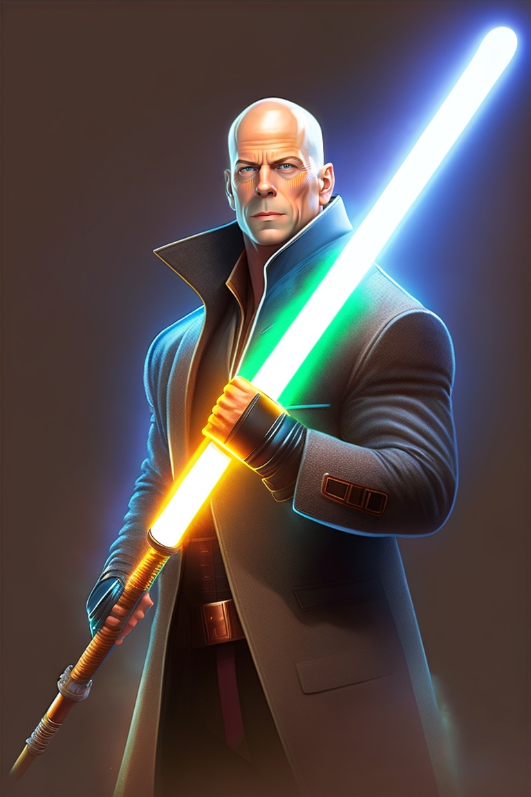 Lexica - Bruce Willis holding lightsaber, jedj, jedi Knight, pose