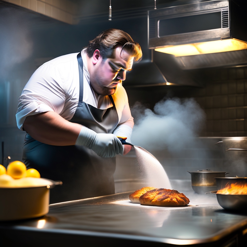 Lexica - Greasy, unhygienic chef in messy kitchen cooking fried chicken ...