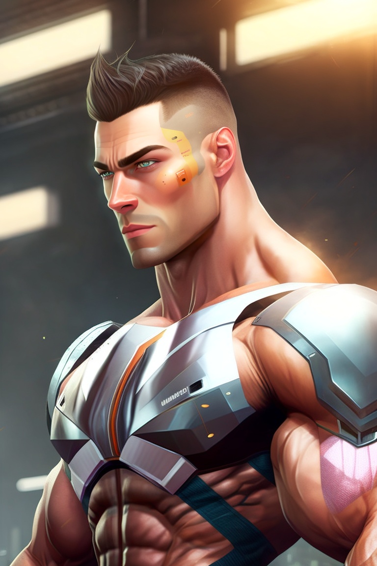 Lexica - Muscular adult male, android, human head, mechanical parts ...