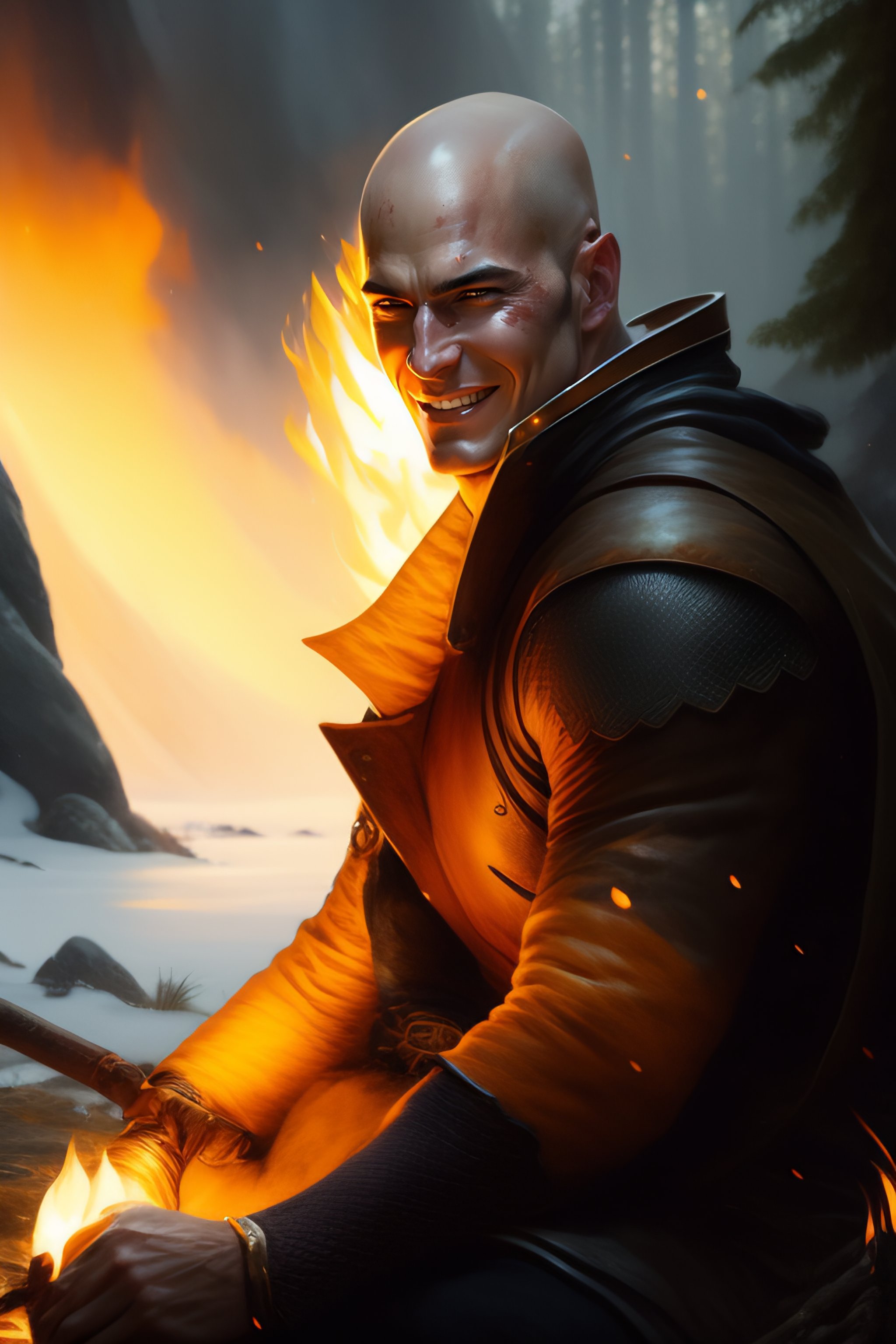 Lexica - Bald clean-shaven beowulf sitting by a campfire and laughing ...