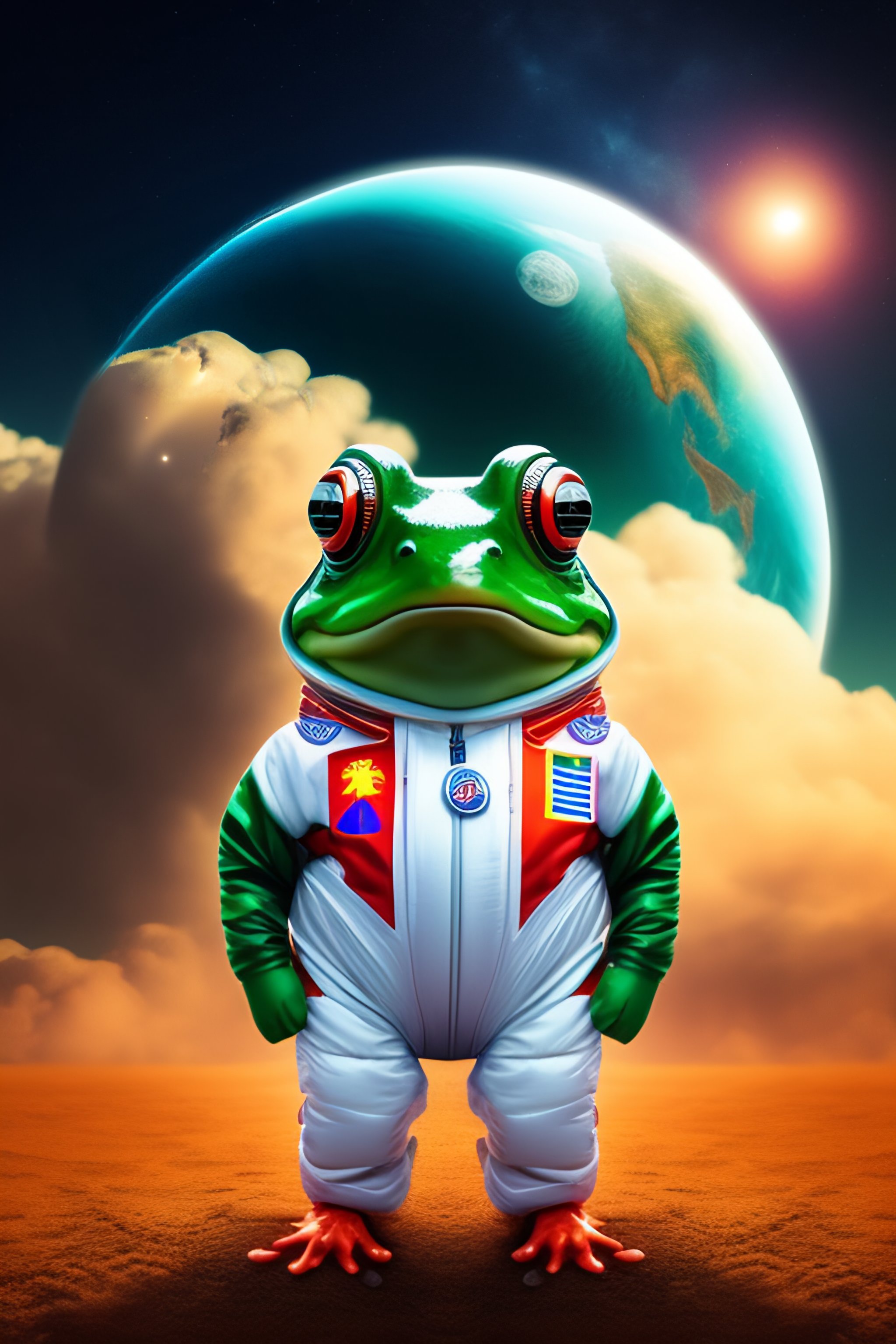 Lexica - Frog with tongue out. Astronaut suit. With frog hands. Earth ...