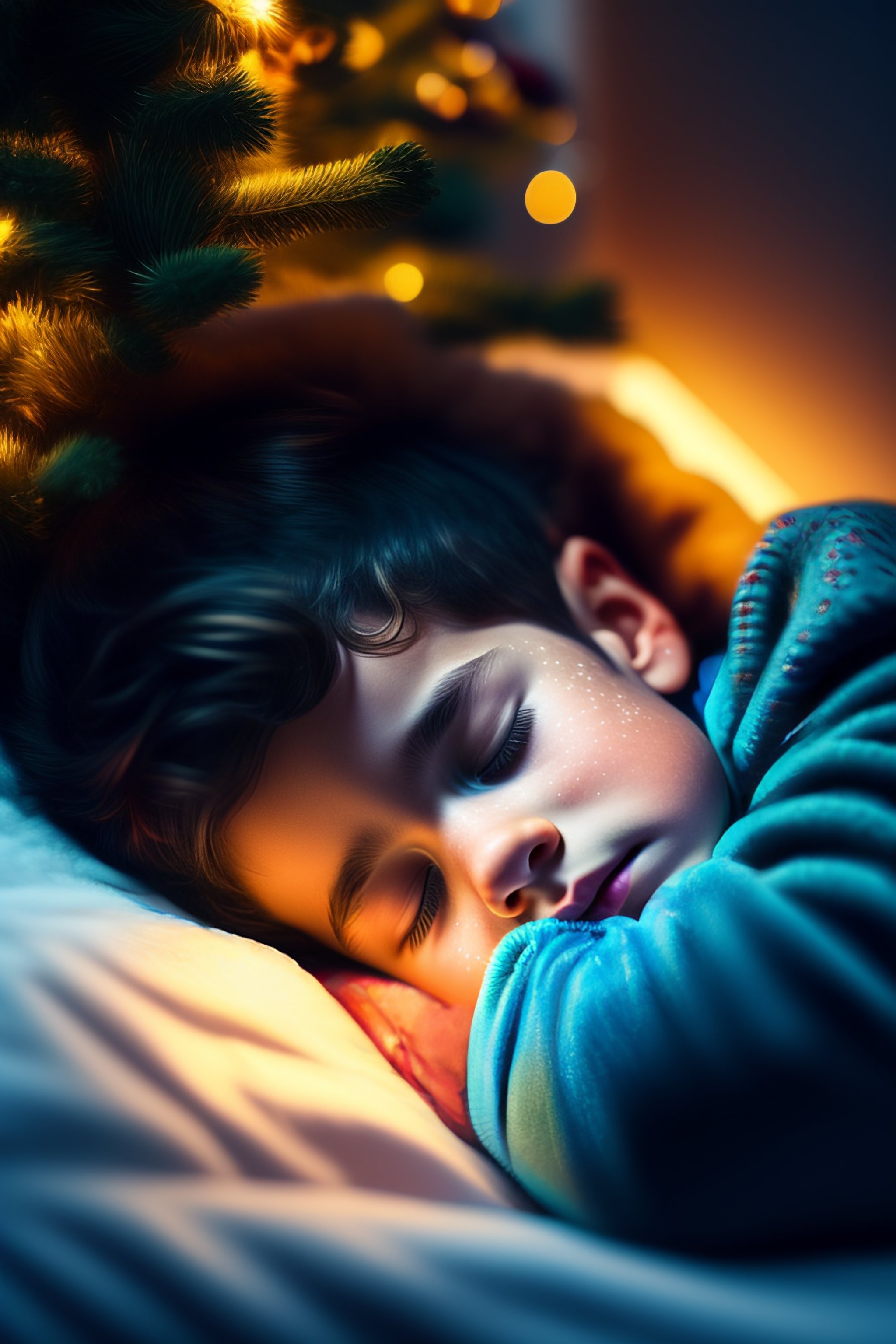 Lexica - Image of a boy sleeping in his bed next to a Christmas tree ...