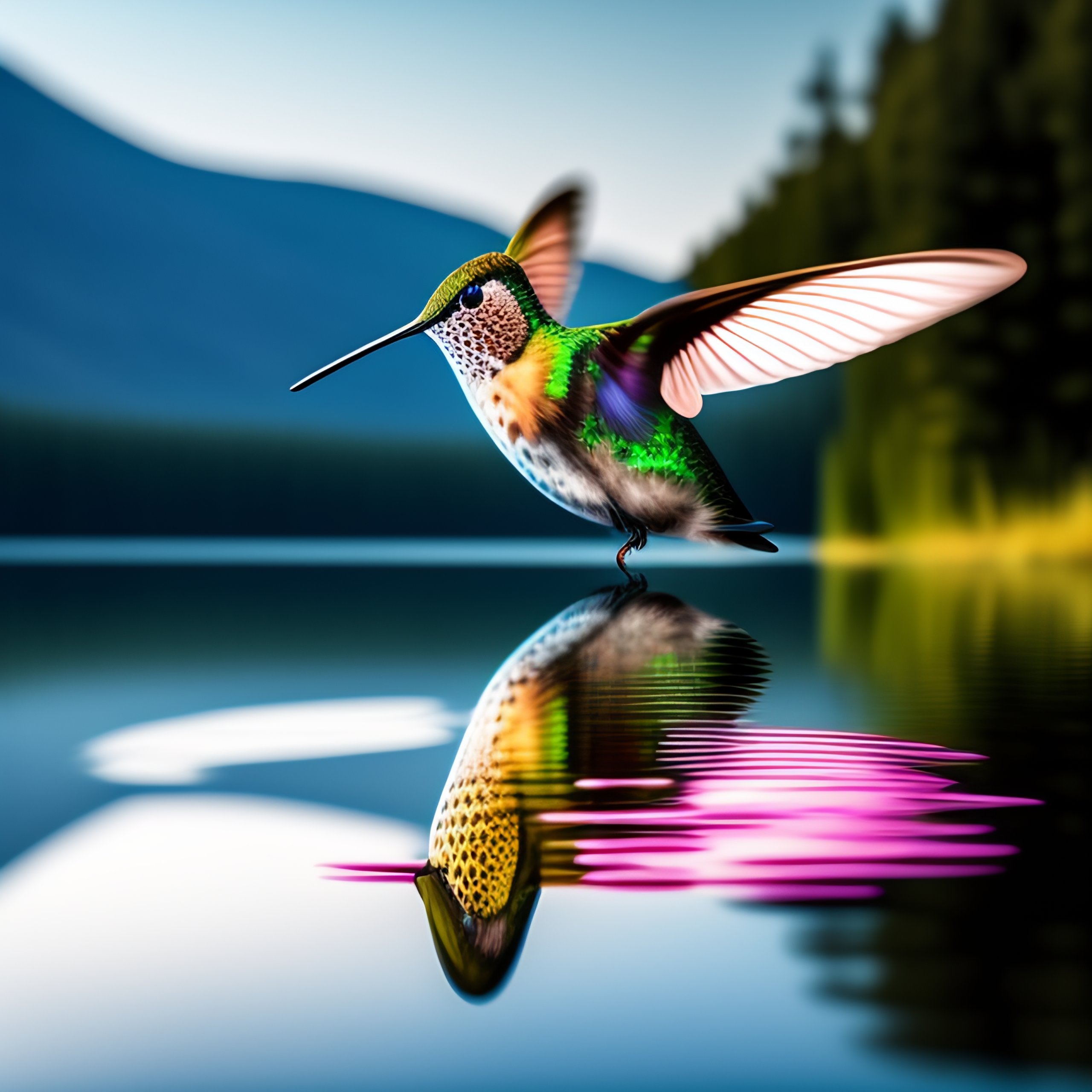 Lexica - Humming bird, plying over a lake with reflection hyper real