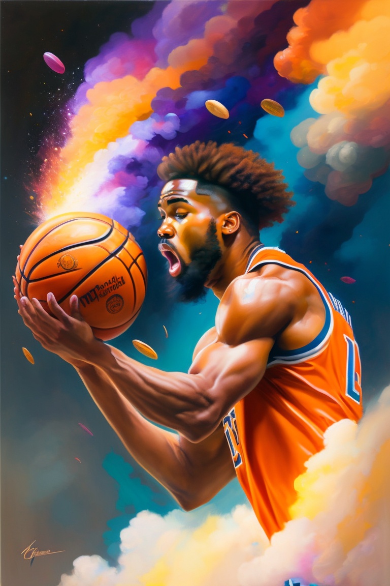 Lexica - An expressive oil painting of a basketball player dunking ...