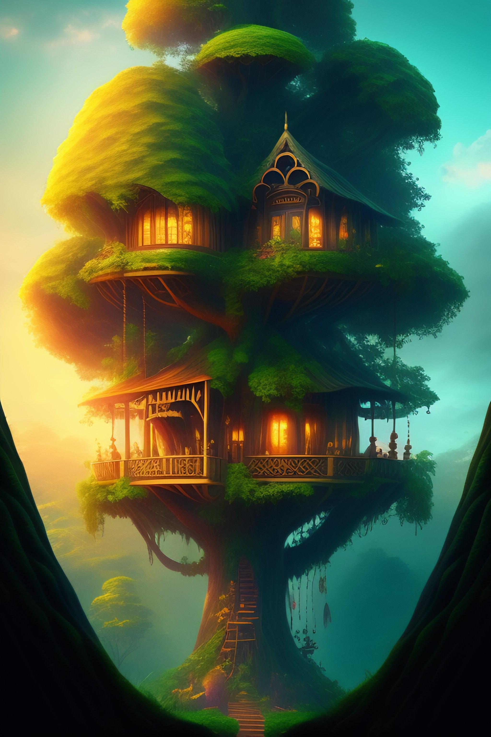 Lexica - Beautiful jungle tree house,cinematic, masterpiece,vibrant